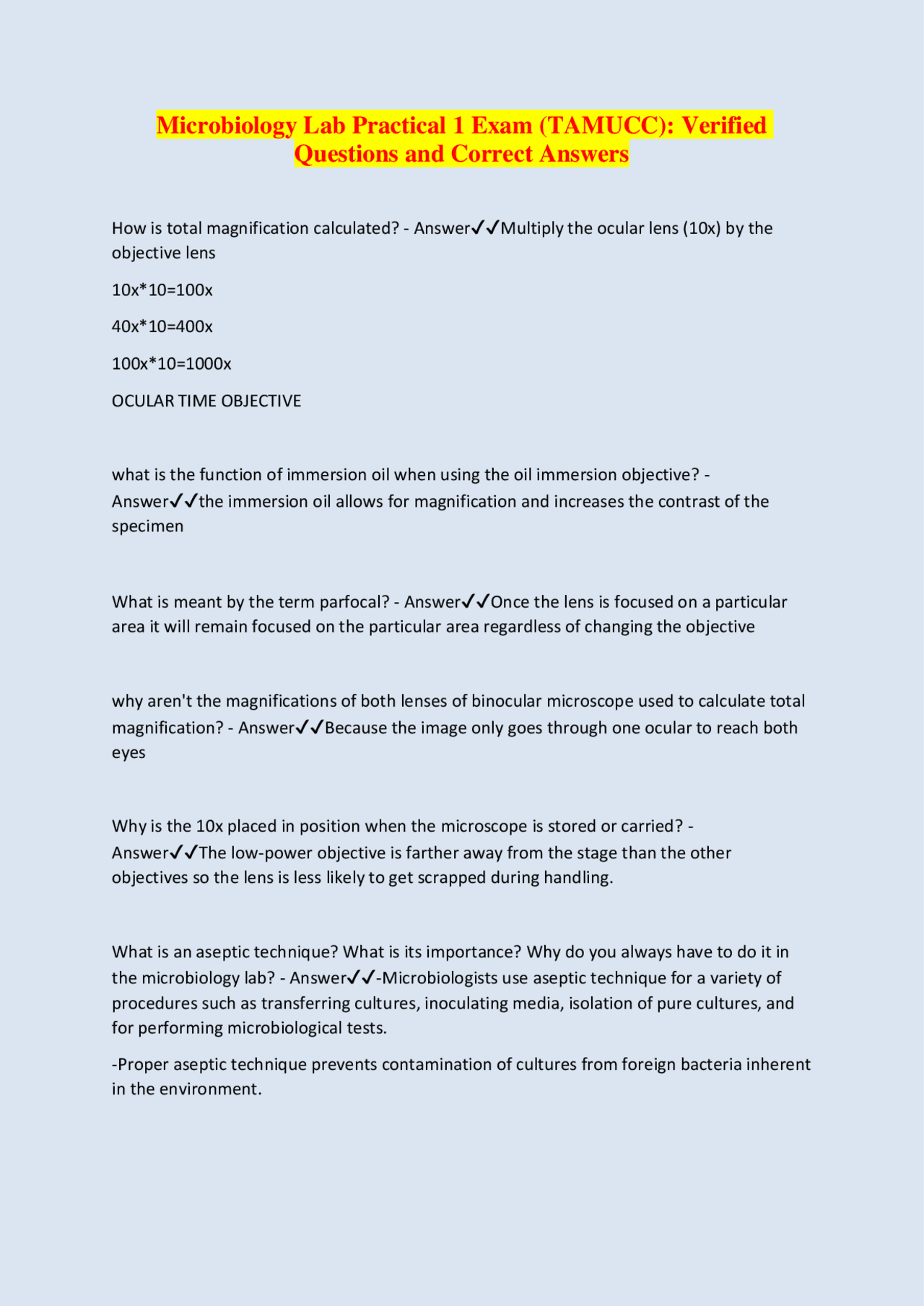 Microbiology Lab Practical 1 Exam (TAMUCC): Verified Questions and ...