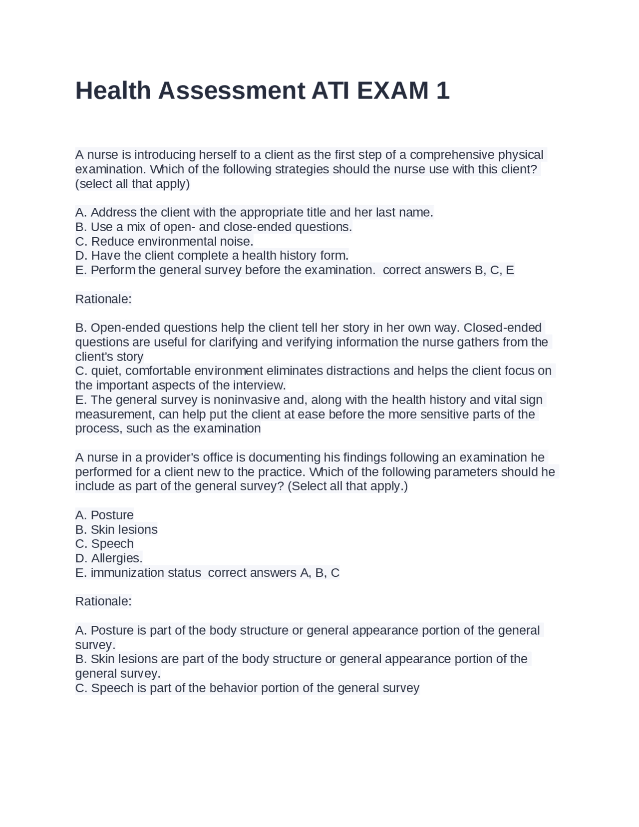 Health Assessment ATI EXAM 1 | Exams Nursing | Docsity