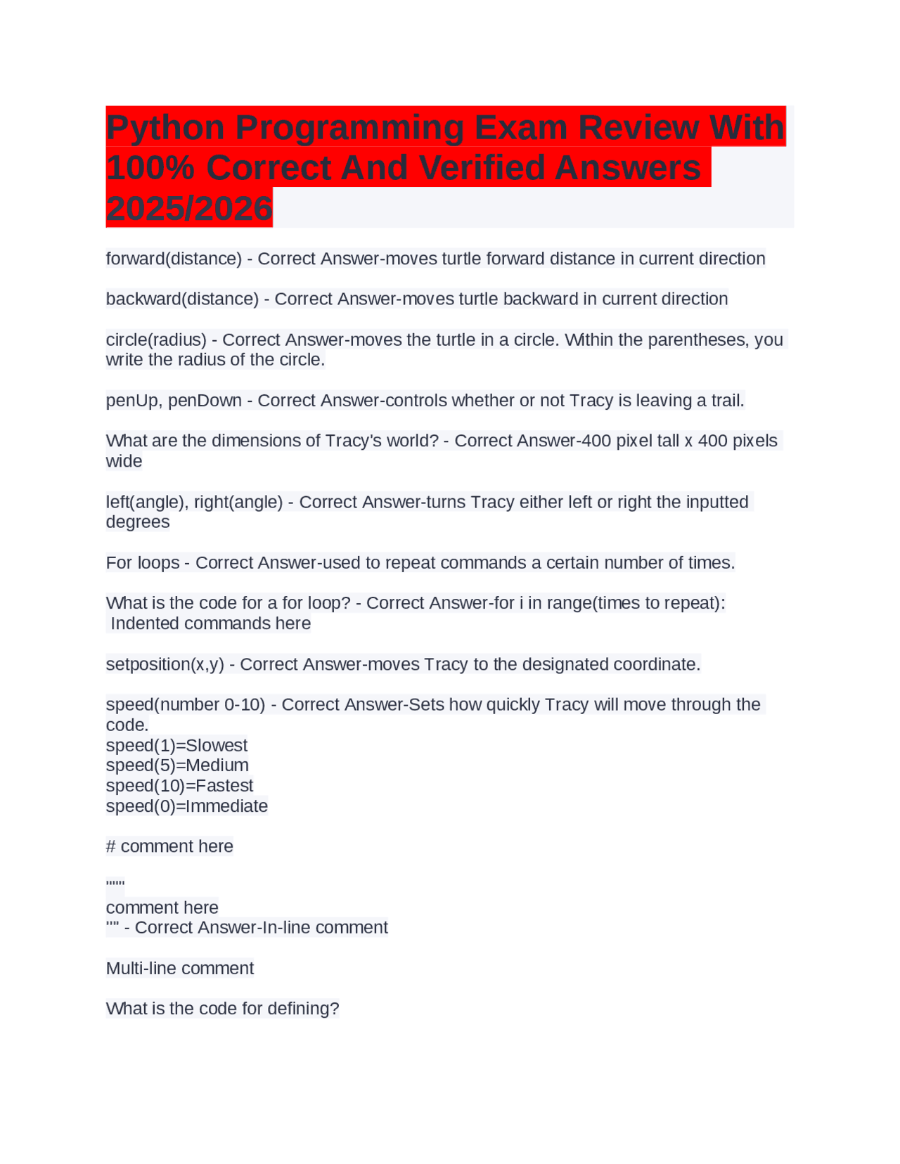 Python Programming Exam Review With 100% Correct And Verified Answers 2025/2026 | Exams Advanced ...