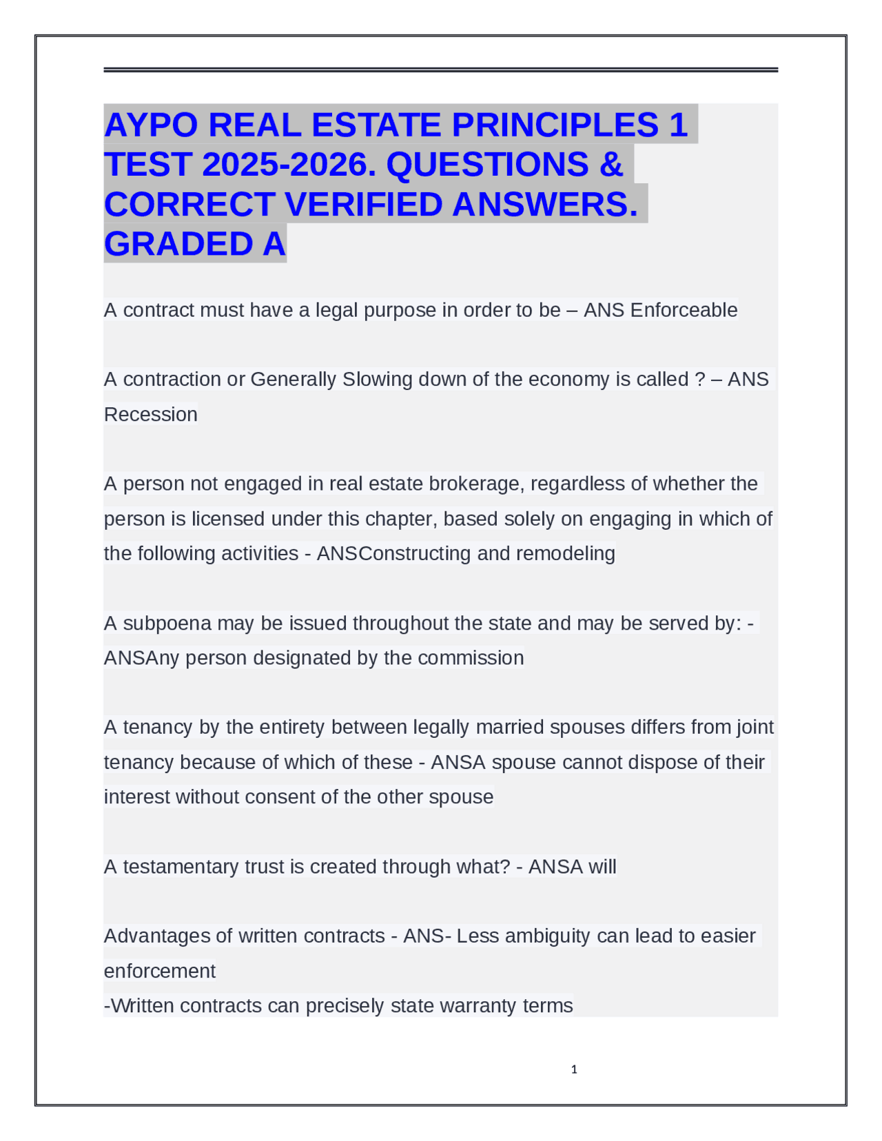AYPO REAL ESTATE PRINCIPLES 1 TEST 2025-2026. QUESTIONS & CORRECT ...