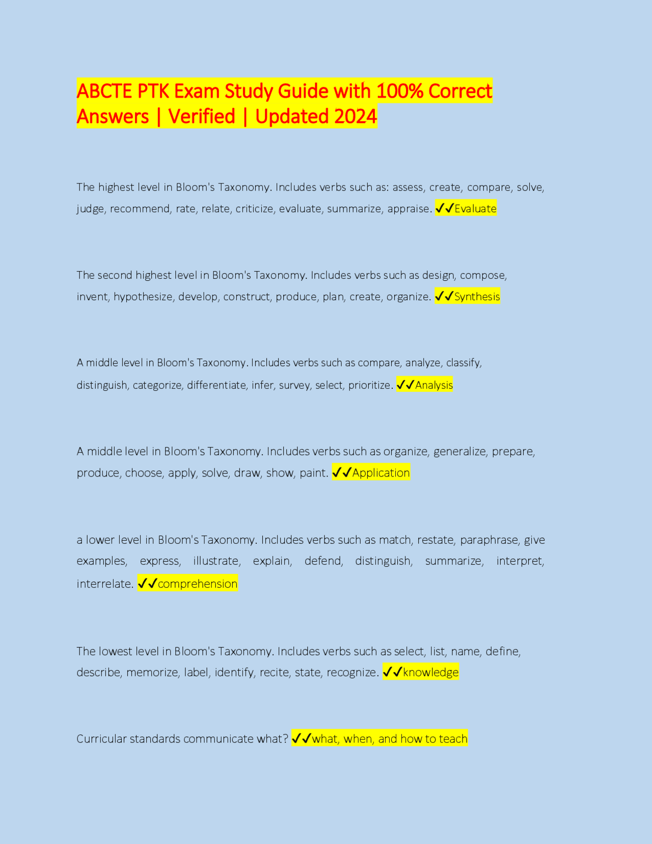 ABCTE PTK Exam Study Guide with 100% Correct Answers | Verified ...