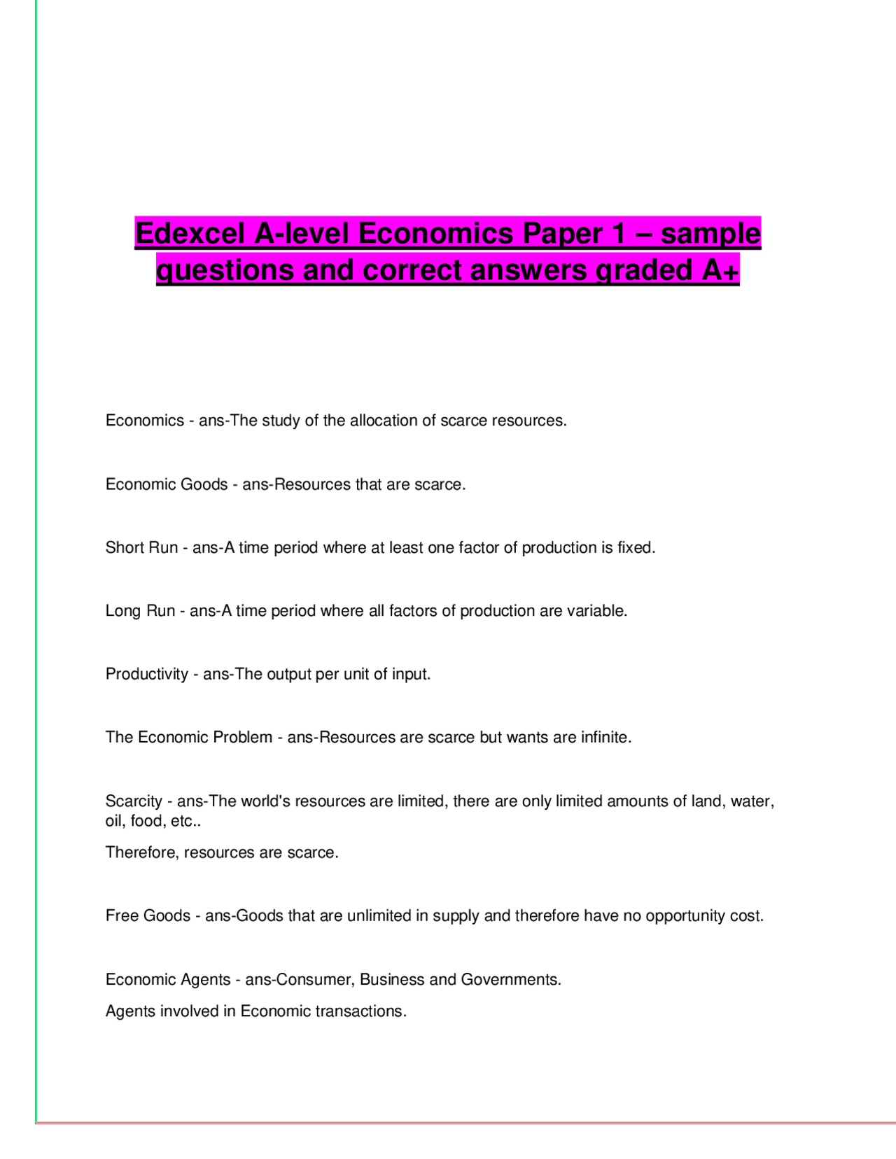 Edexcel A-level Economics Paper 1 – sample questions and correct ...