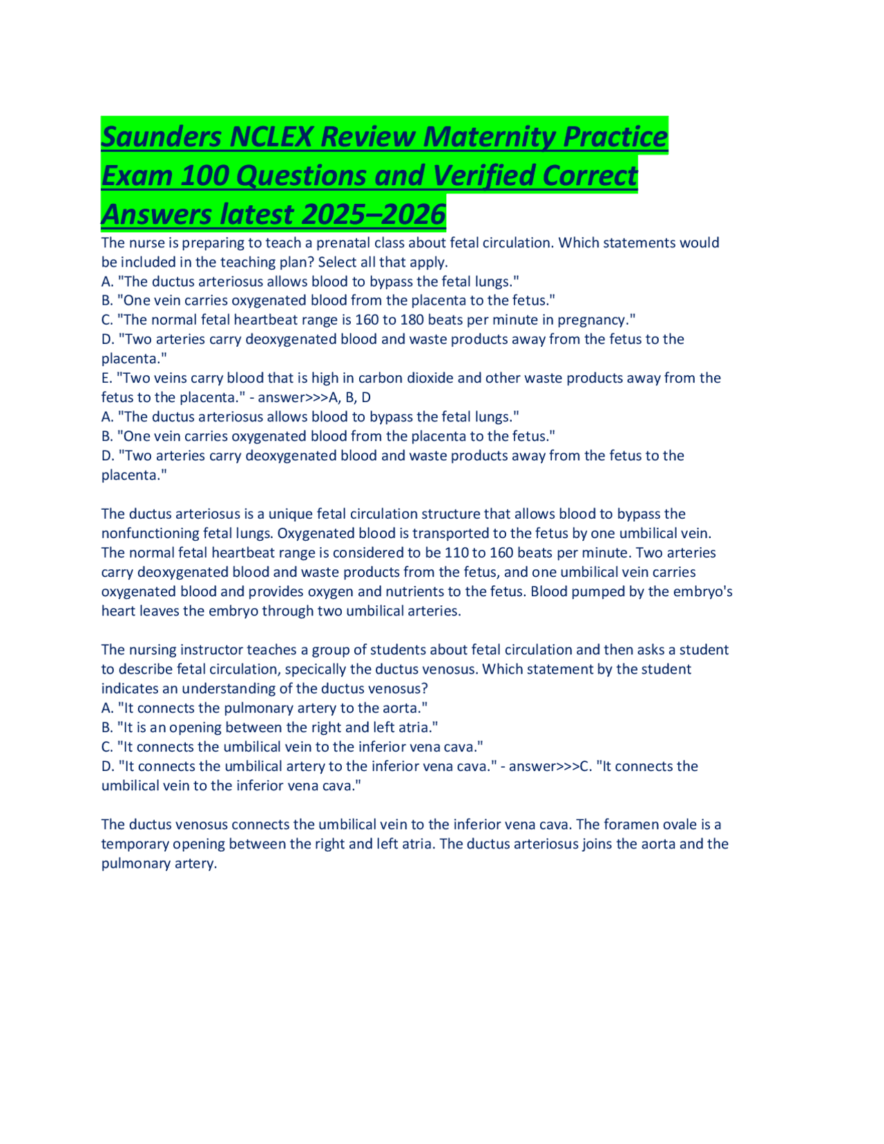 Saunders NCLEX Review Maternity Practice Exam 100 Questions and ...