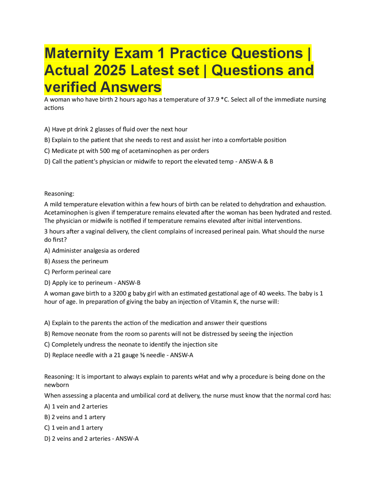 Maternity Exam 1 Practice Questions | Actual 2025 Latest set ...