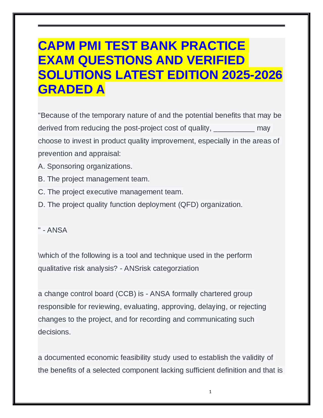 CAPM PMI TEST BANK PRACTICE EXAM QUESTIONS AND VERIFIED SOLUTIONS ...