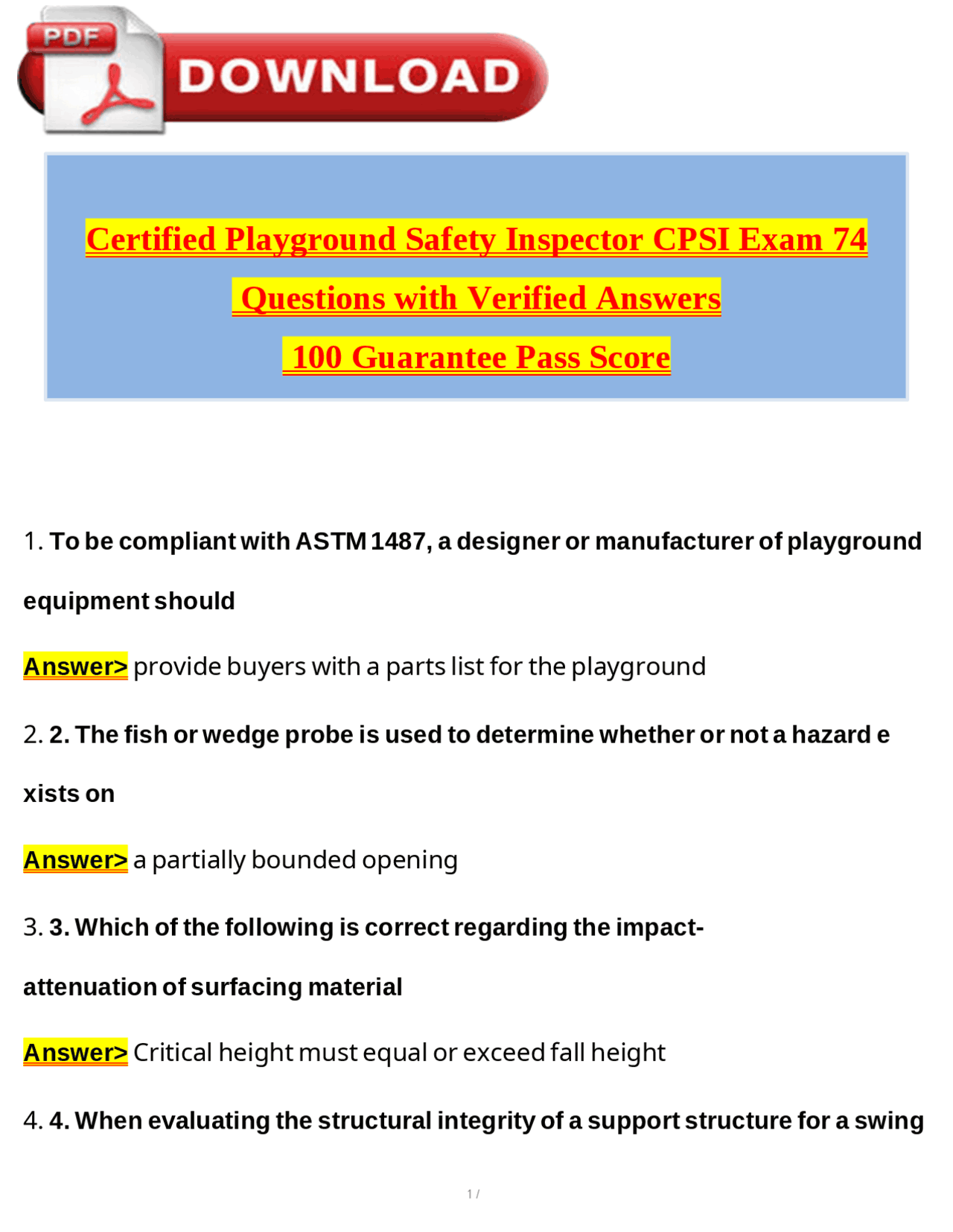 Certified Playground Safety Inspector CPSI Exam Questions with 100% ...