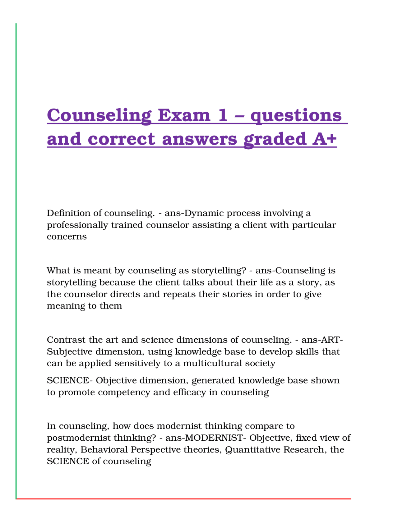 Counseling Exam 1 – questions and correct answers graded A+.docx ...