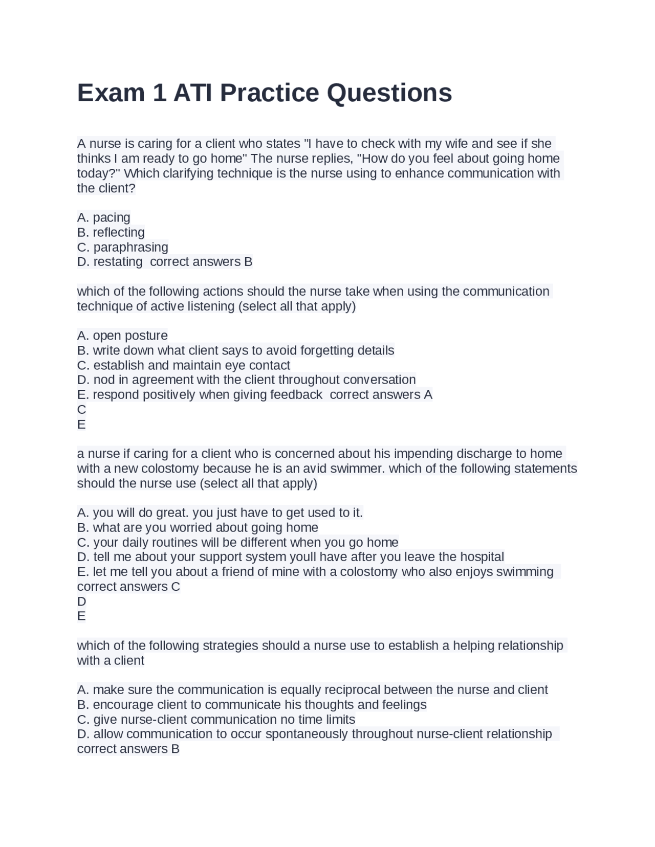 Exam 1 ATI Practice Questions | Exams Nursing | Docsity