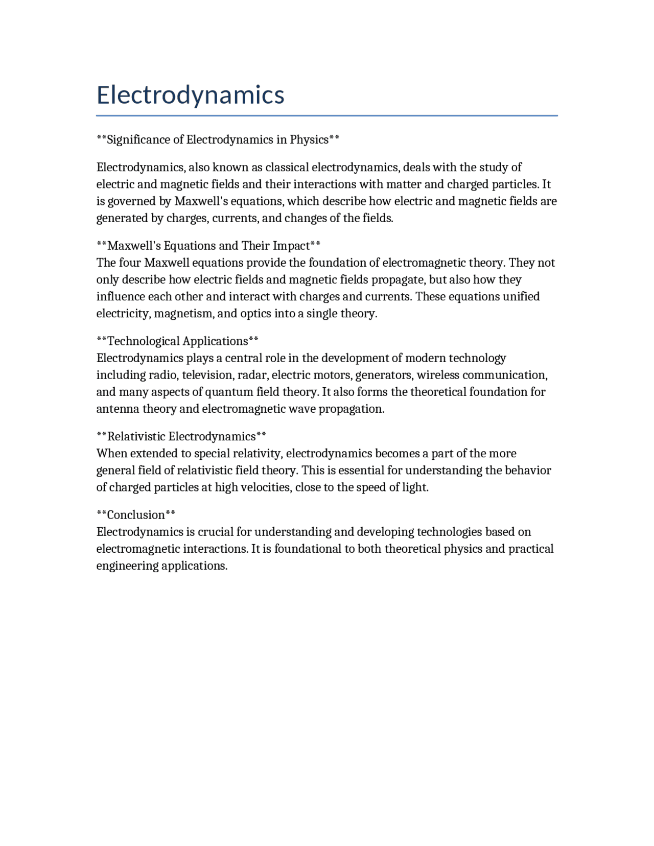 Significance of electrodynamics | Summaries Physics | Docsity