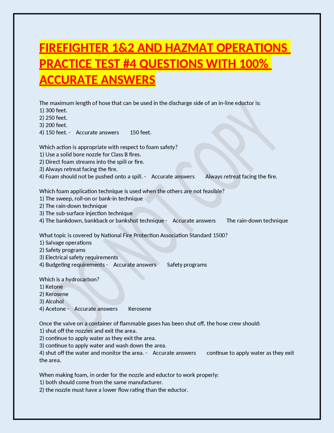 FIREFIGHTER 1&2 AND HAZMAT OPERATIONS PRACTICE TEST #4 QUESTIONS WITH ...