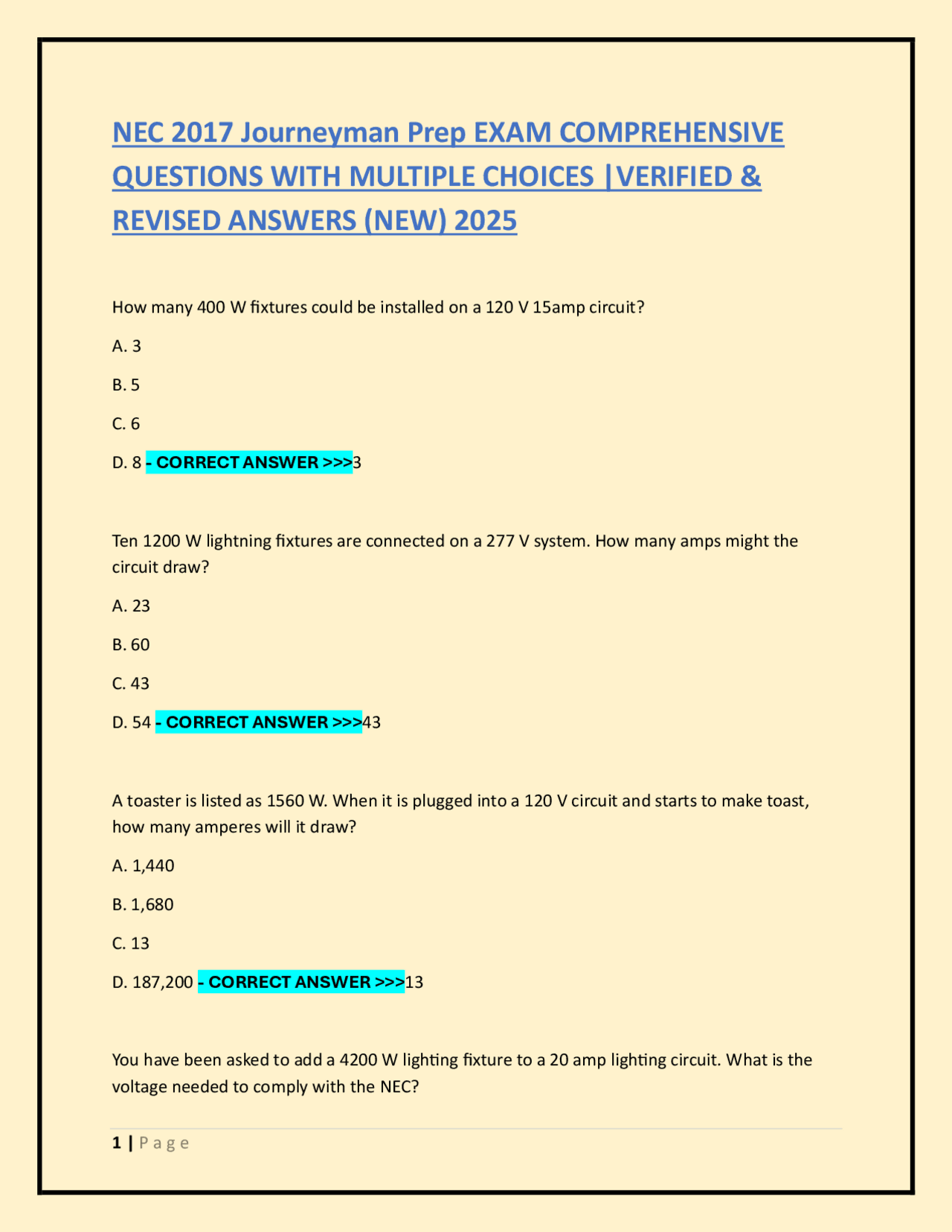 NEC 2017 Journeyman Prep EXAM COMPREHENSIVE QUESTIONS WITH MULTIPLE CHOICES |VERIFIED | Exams ...