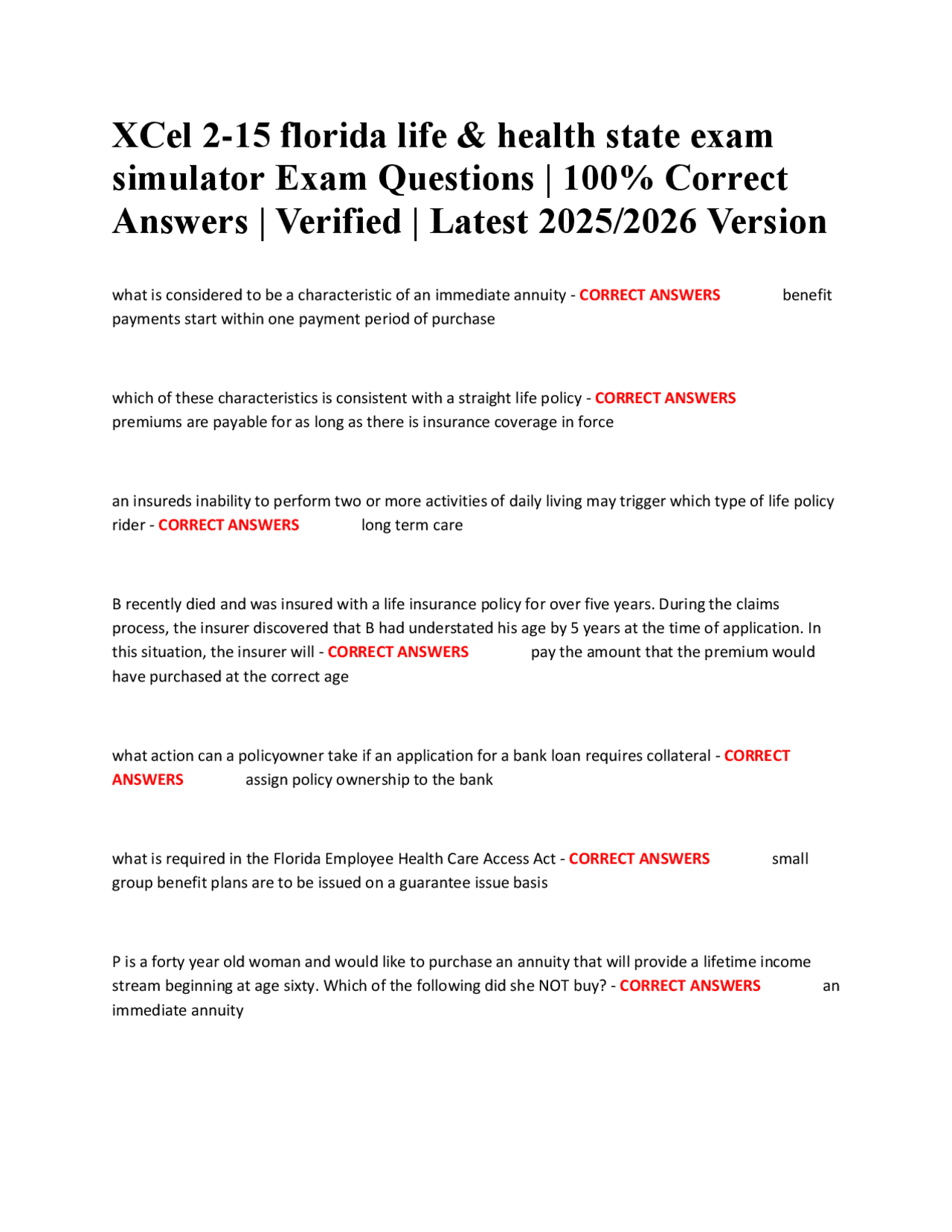 XCel 2-15 florida life & health state exam simulator Exam Questions ...