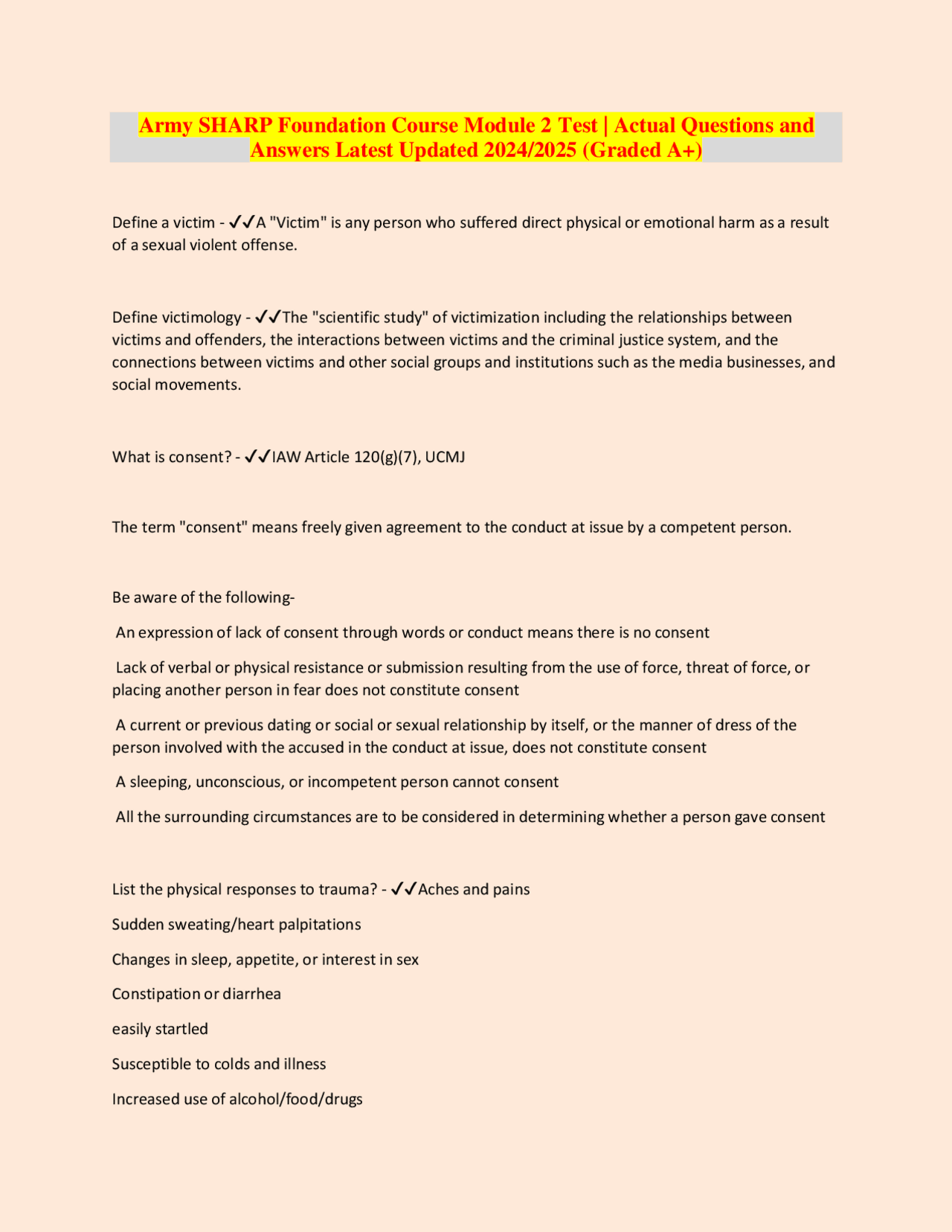 Army SHARP Foundation Course Module 2 Test | Actual Questions and ...