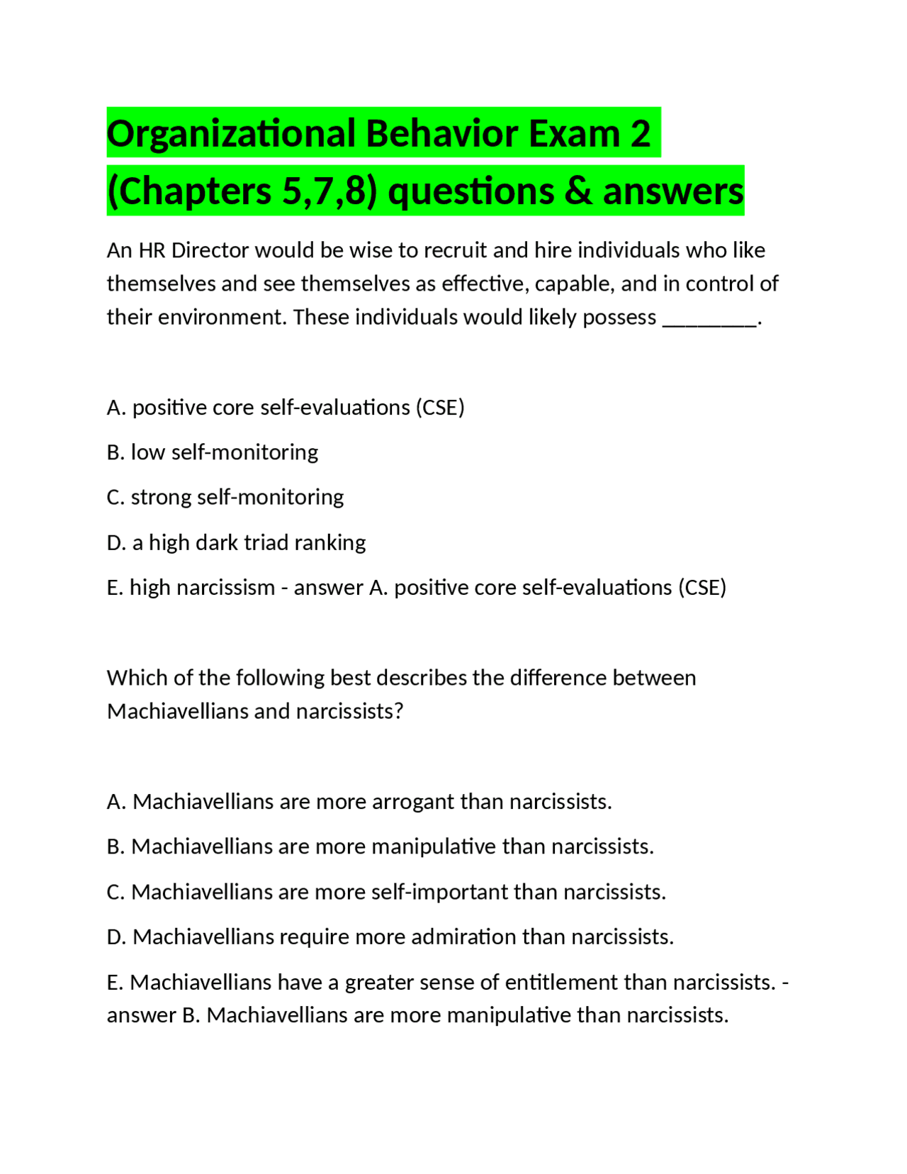 Organizational Behavior Exam 2 (Chapters 5,7,8) questions & answers ...