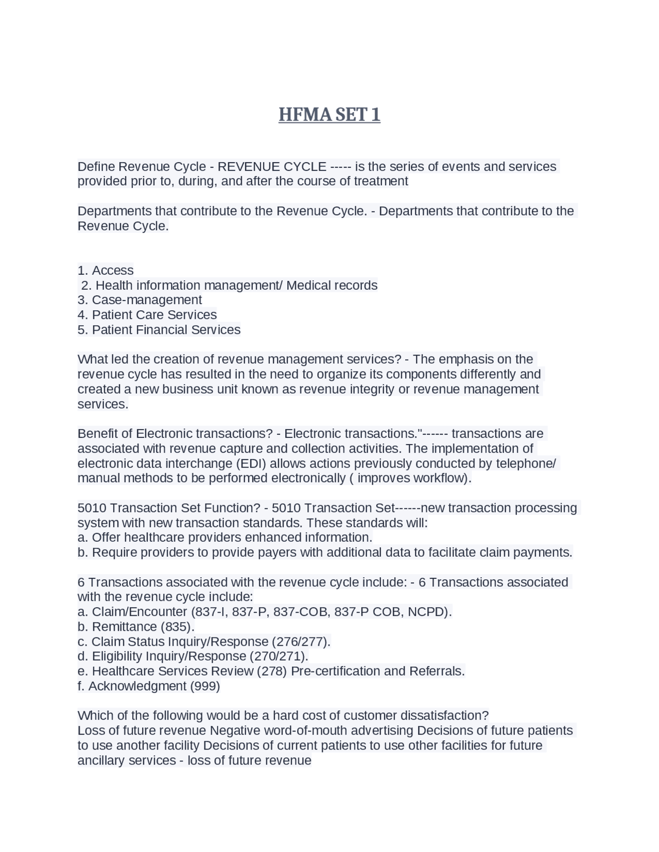 HFMA SET 1 QUESTION AND ANSWERS | Exams Advanced Education | Docsity