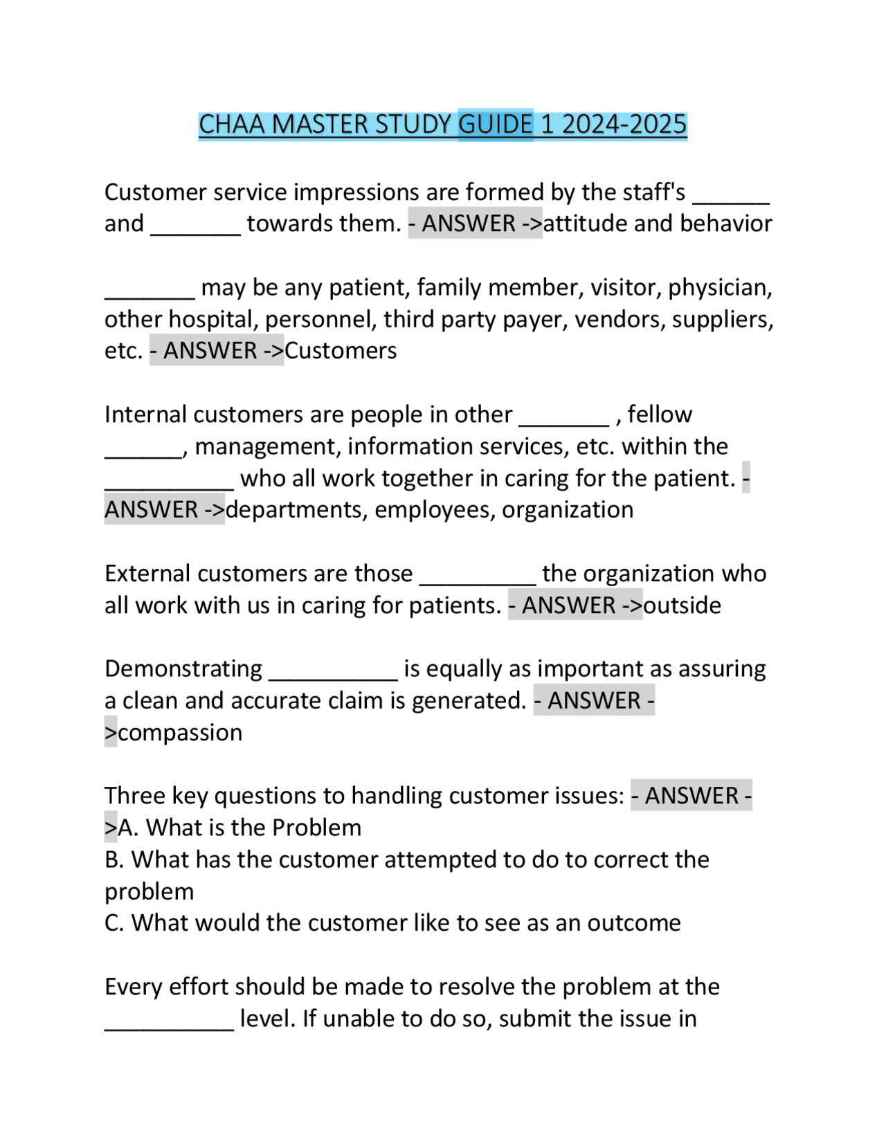 CHAA MASTER STUDY GUIDE 1 2024-2025 Q&A EXAM LATEST | Exams Ethics ...
