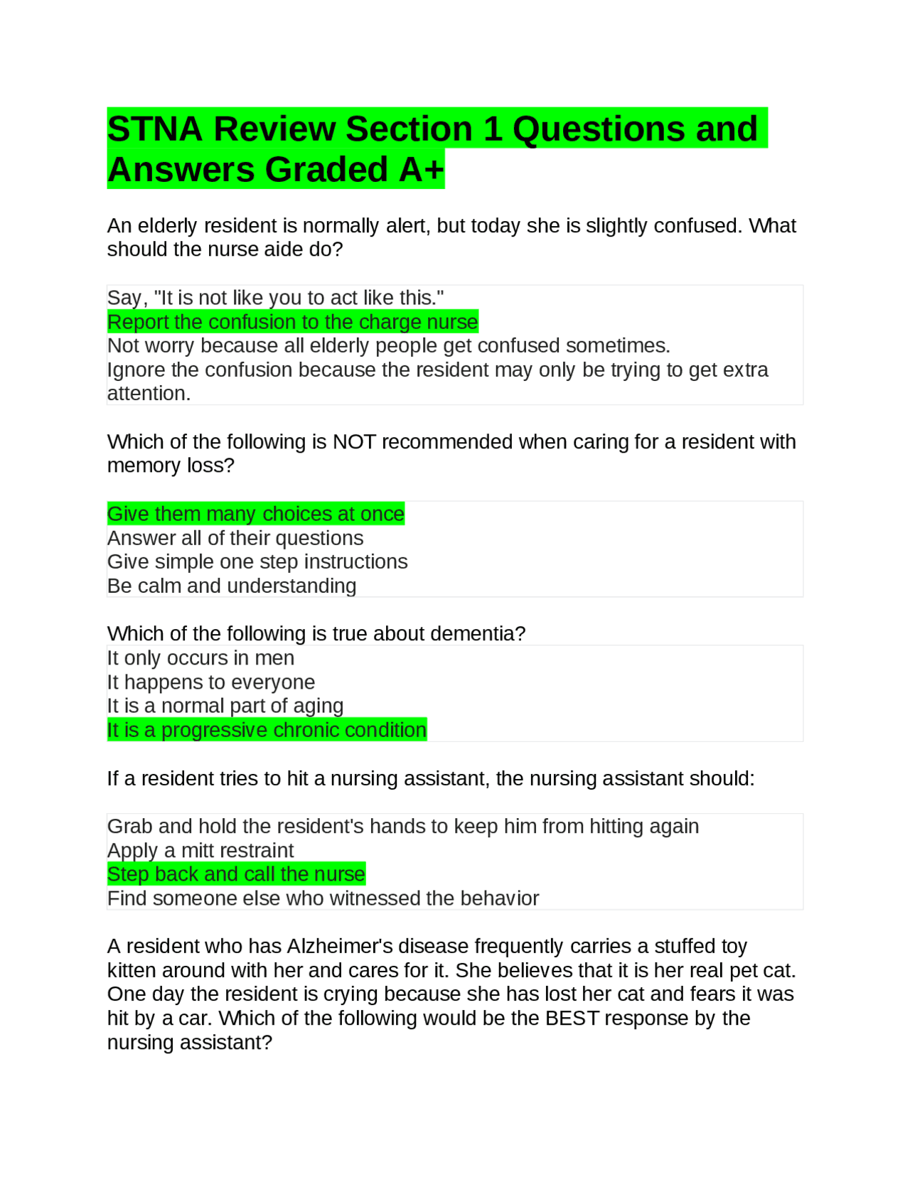 STNA Review Section 1 Questions and Answers | Exams Nursing | Docsity