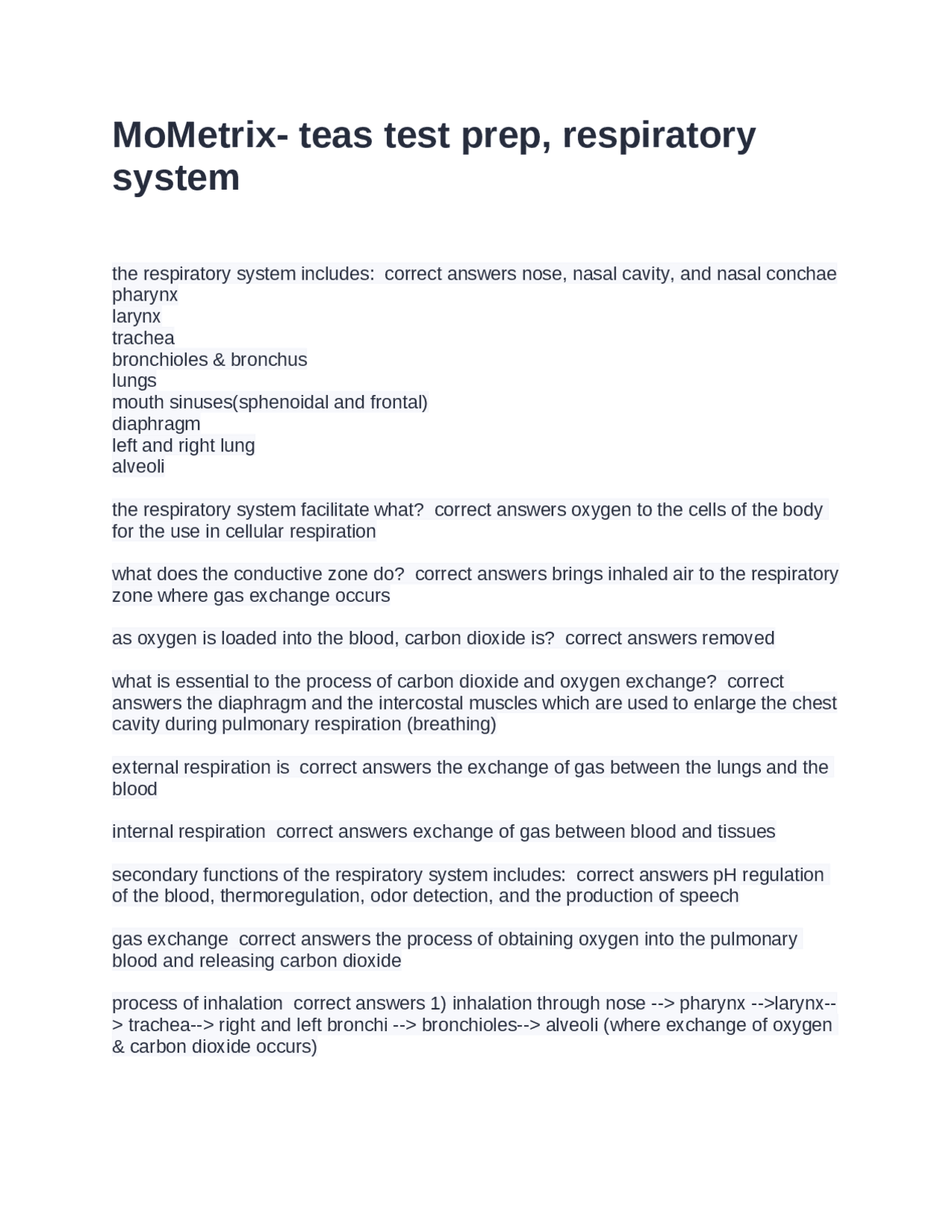 MoMetrix- teas test prep, respiratory system | Exams Nursing | Docsity