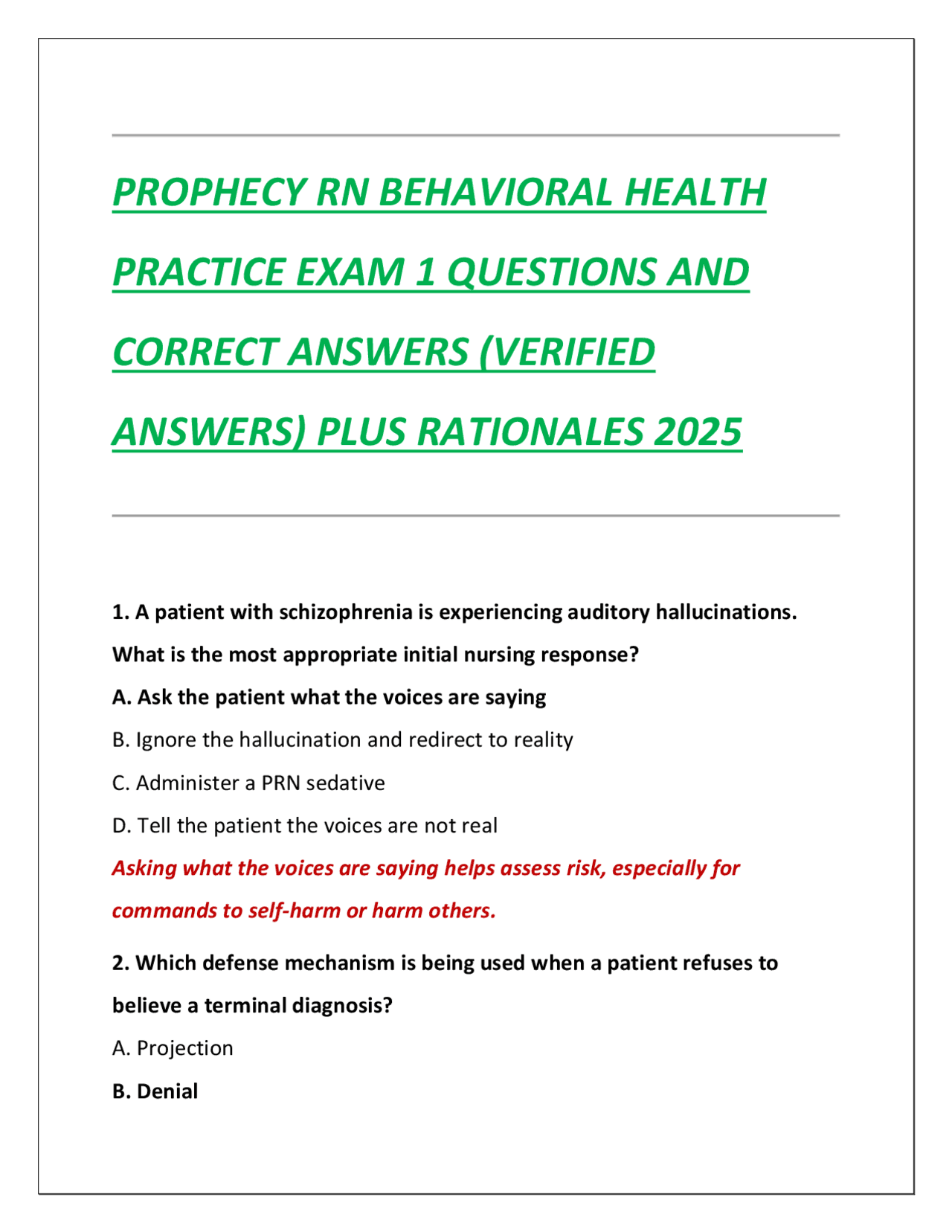 PROPHECY RN BEHAVIORAL HEALTH PRACTICE EXAM 1 QUESTIONS AND CORRECT ...