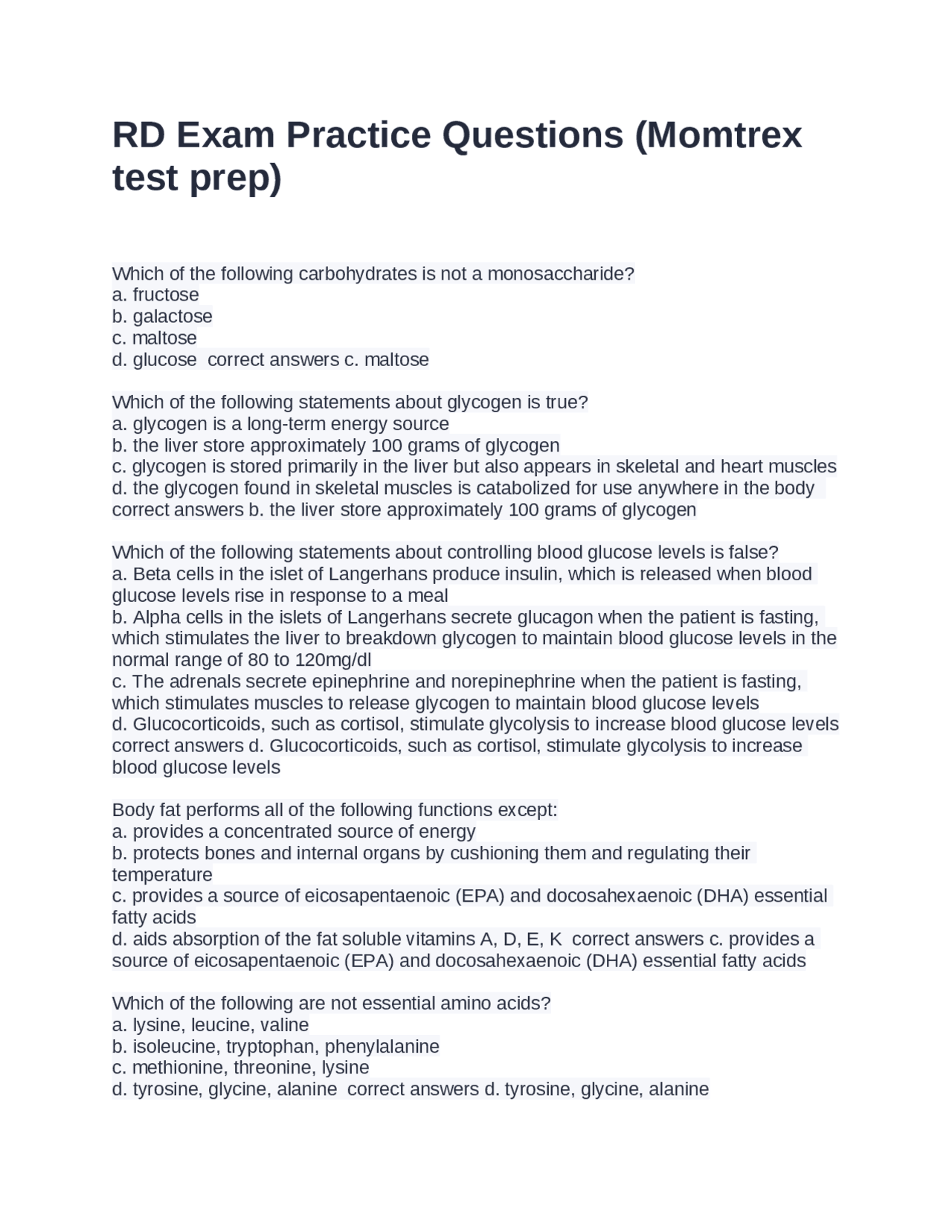RD Exam Practice Questions (Momtrex test prep) | Exams Nursing | Docsity