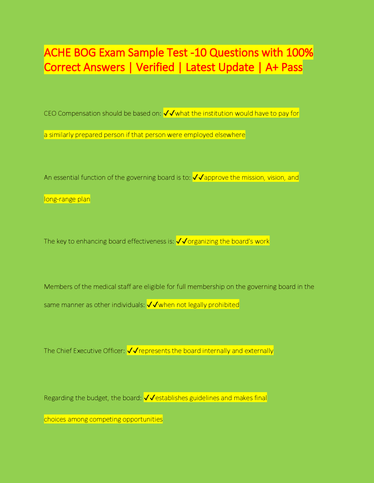 ACHE BOG Exam Sample Test -10 Questions with 100% Correct Answers ...