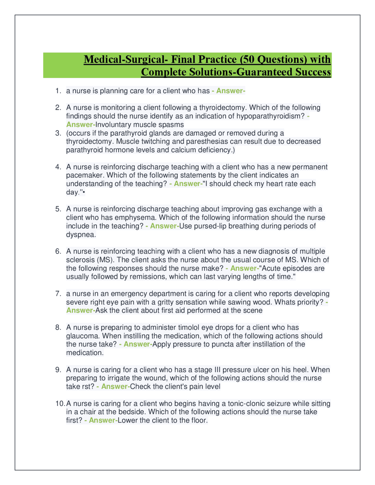Medical-Surgical- Final Practice (50 Questions) with Complete Solutions ...