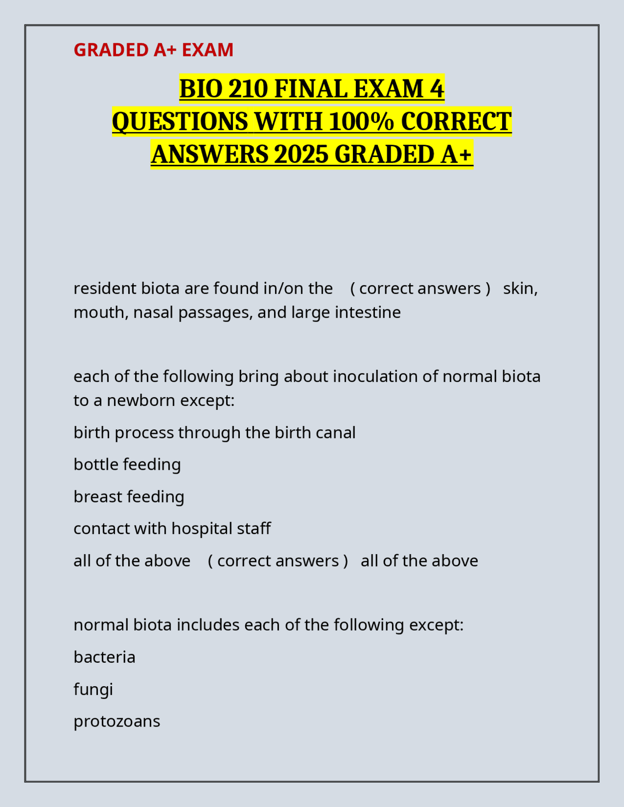 BIO 210 FINAL EXAM 4 QUESTIONS WITH 100% CORRECT ANSWERS 2025 GRADED A+ ...