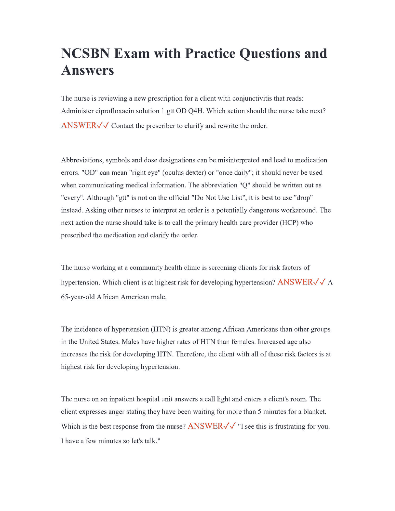 NCSBN Exam with Practice Questions and Answers | Exams Nursing | Docsity