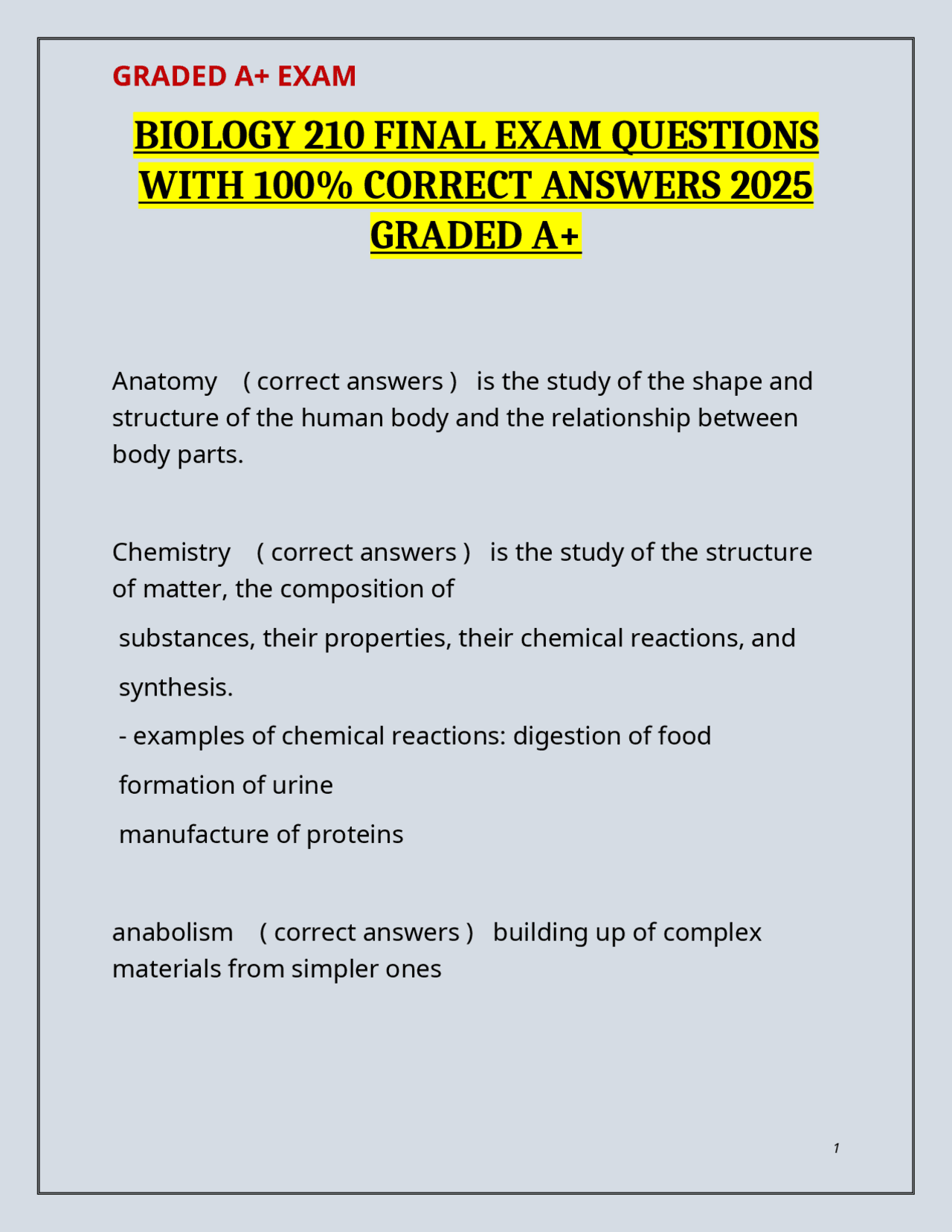BIOLOGY 210 FINAL EXAM QUESTIONS WITH 100% CORRECT ANSWERS 2025 GRADED ...