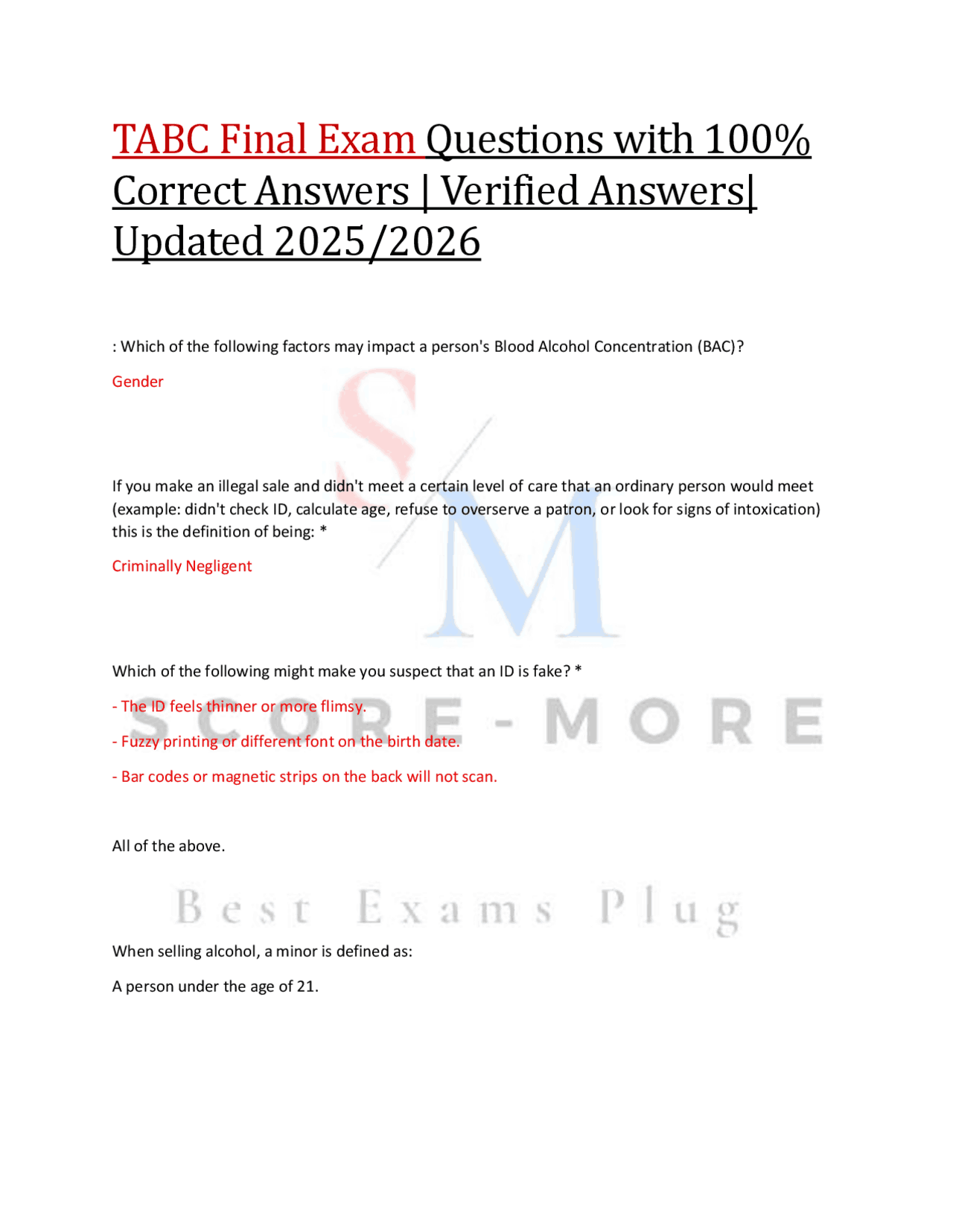 TABC Final Exam Questions with 100% Correct Answers | Verified Answers ...