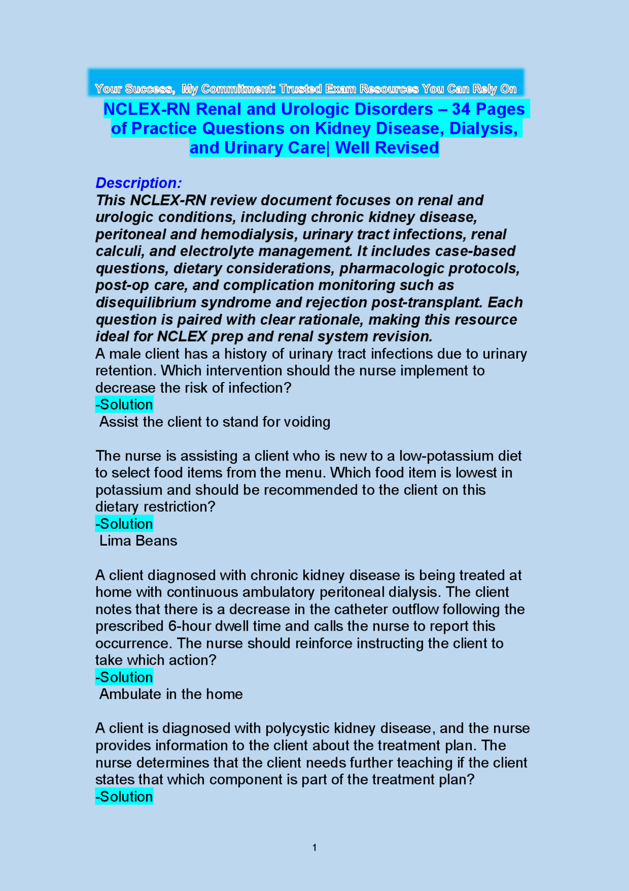 NCLEX-RN Renal and Urologic Disorders – 34 Pages of Practice Questions ...