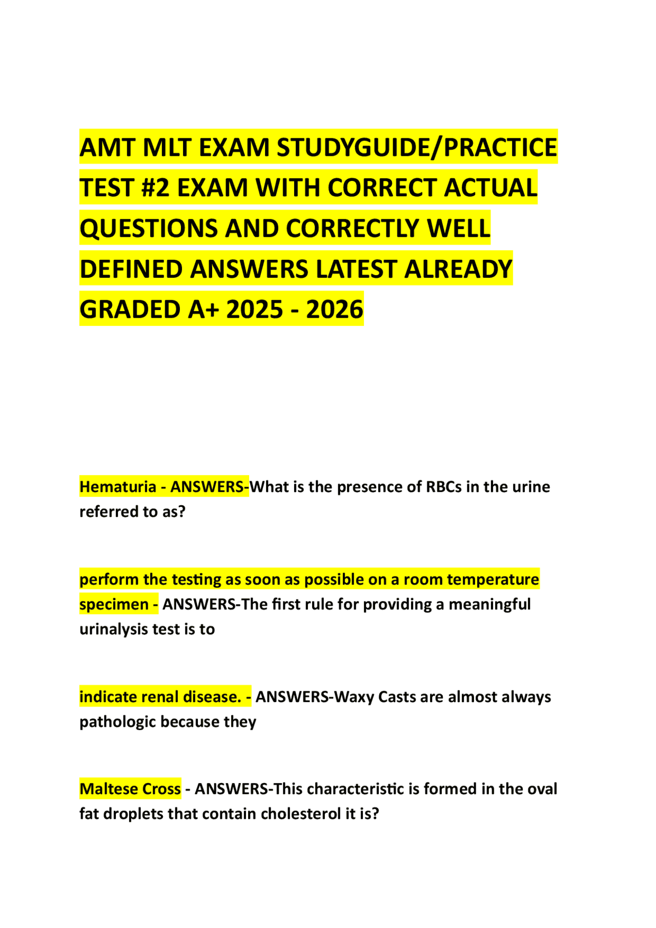 AMT MLT EXAM STUDYGUIDE/PRACTICE TEST #2 EXAM WITH CORRECT ACTUAL ...