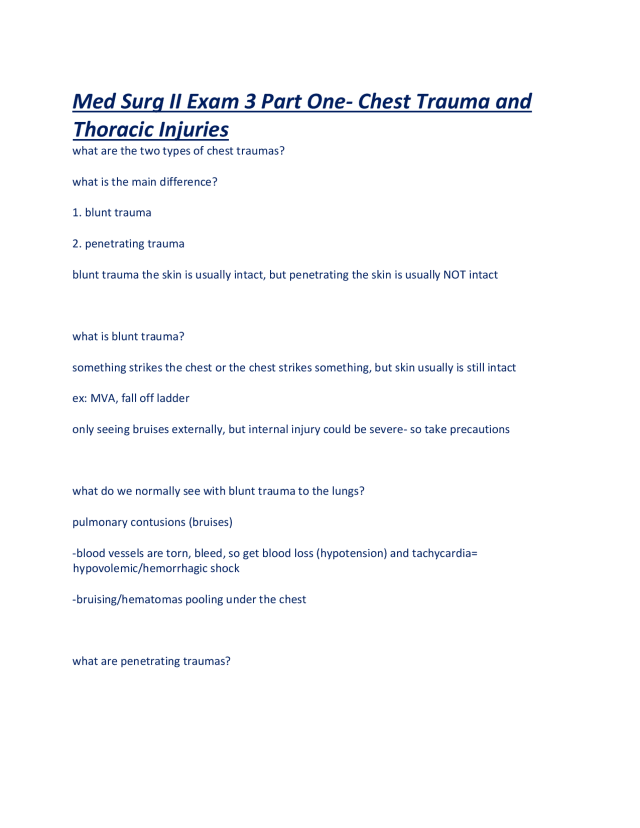 Med Surg II Exam 3 Part One- Chest Trauma and Thoracic Injuries | Exams ...