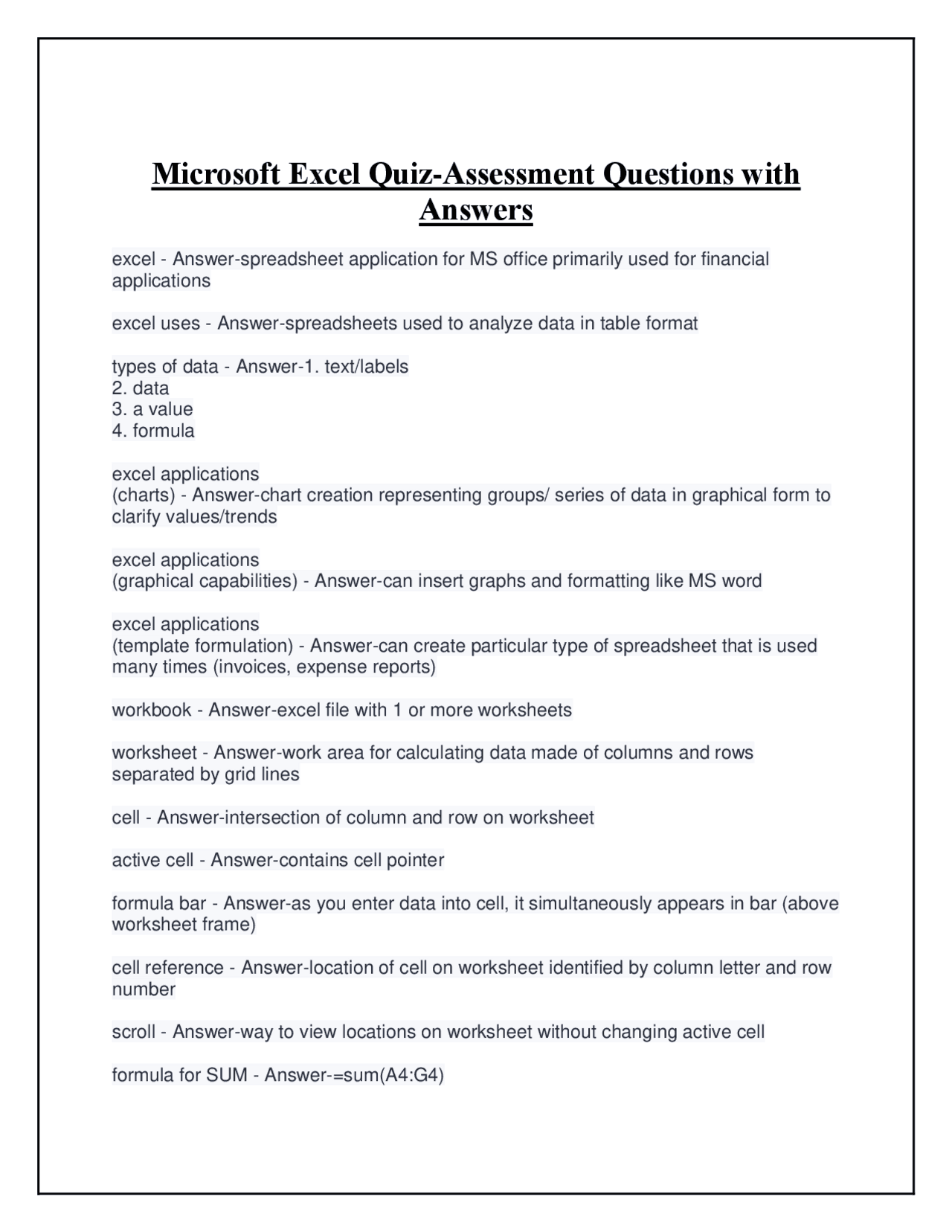 Microsoft Excel Quiz-Assessment Questions with Answers | Exams Nursing ...