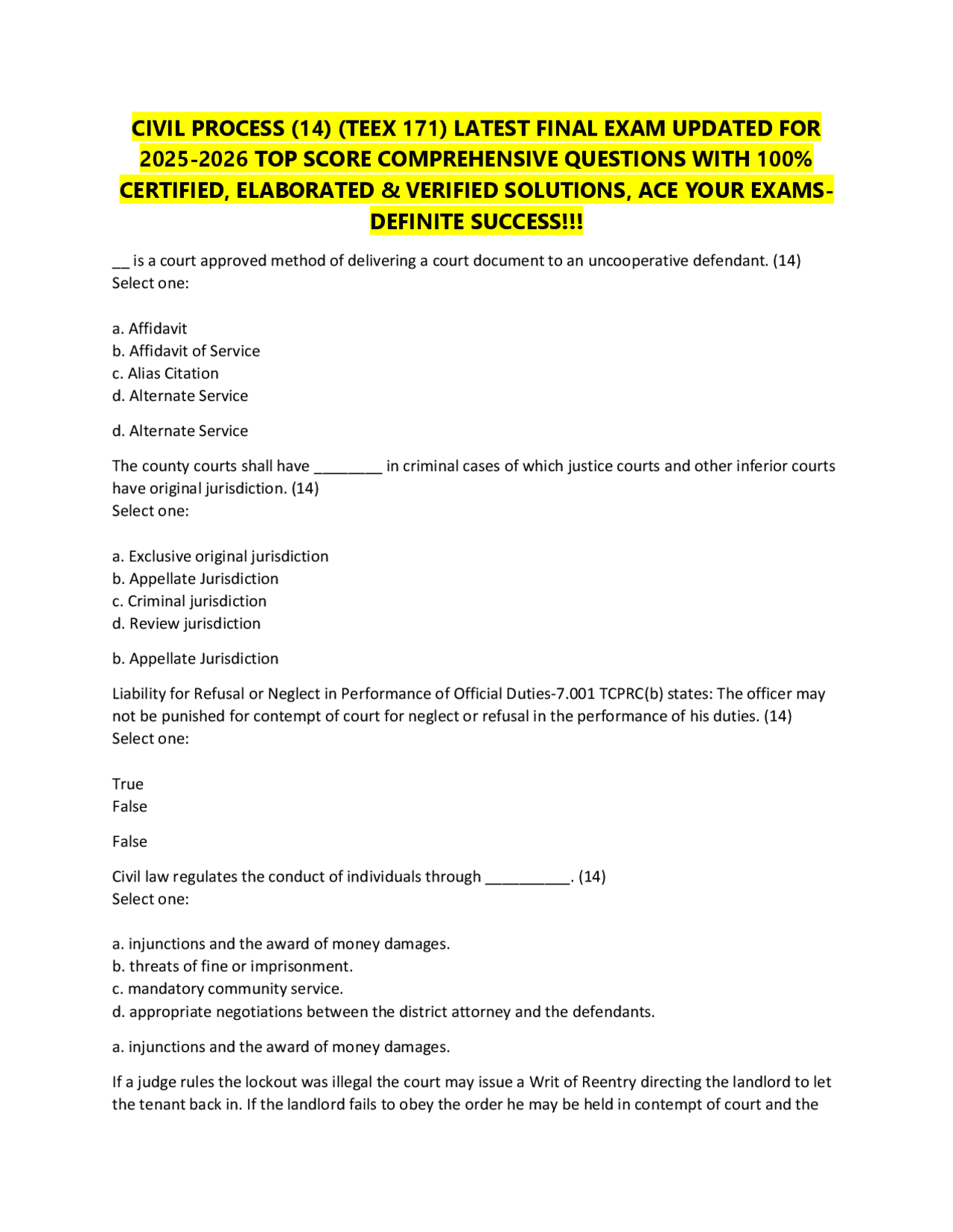 CIVIL PROCESS (14) (TEEX 171) LATEST FINAL EXAM UPDATED FOR 2025-2026 ...