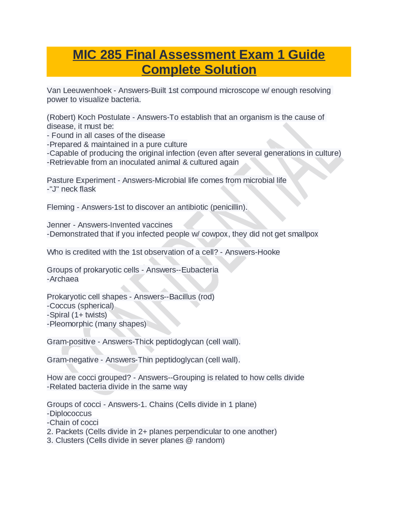 MIC 285 Final Assessment Exam 1 Guide Complete Solution | Exams Nursing ...