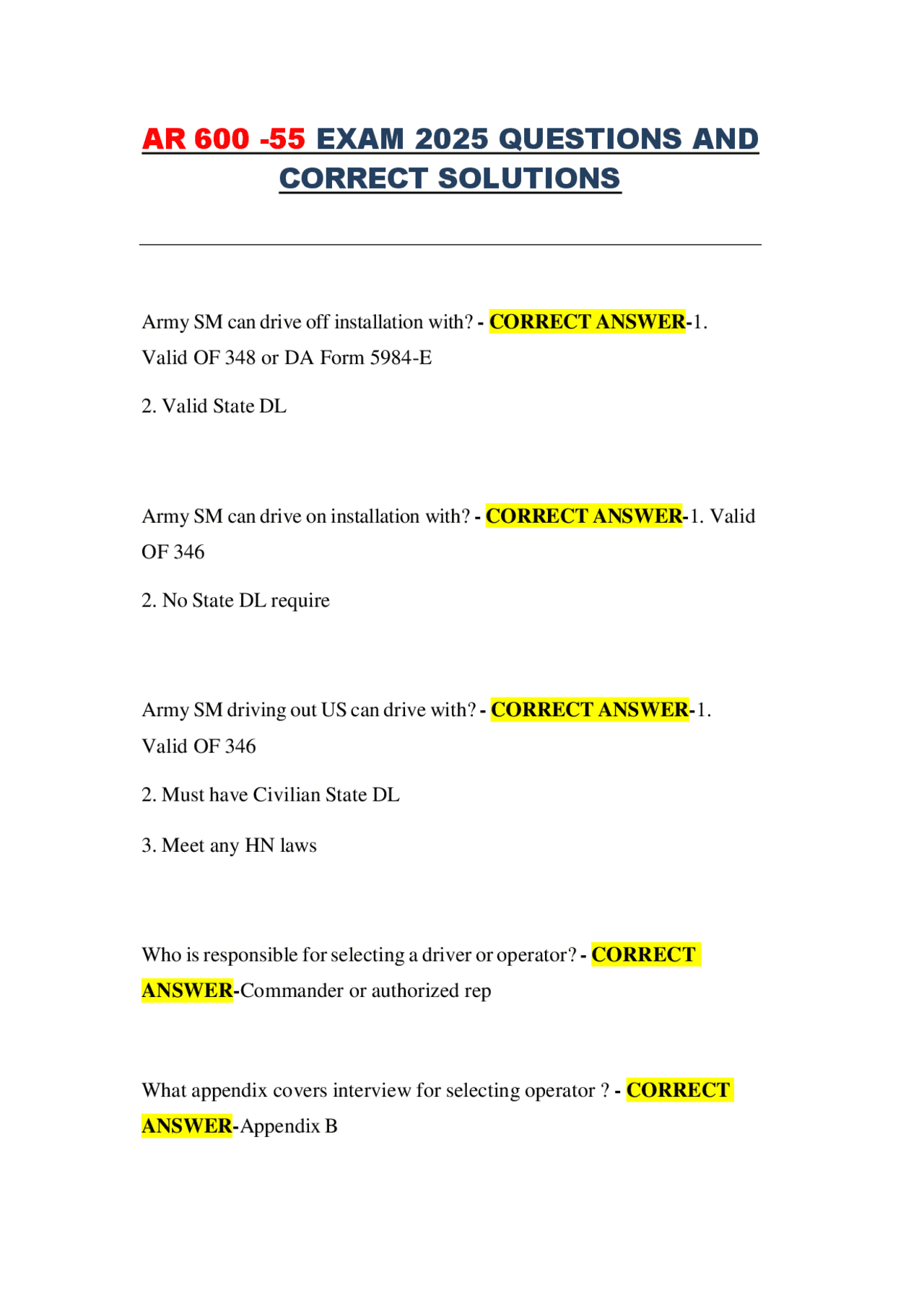 AR 600-55 Exam 2025 – Questions and Correct Solutions – Army Driver and Operator Standards ...
