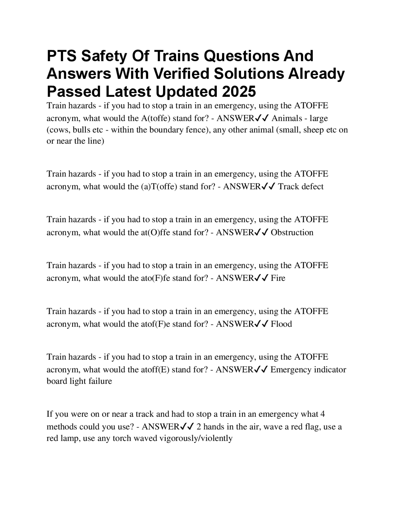 PTS Safety Of Trains Questions And Answers With Verified Solutions ...