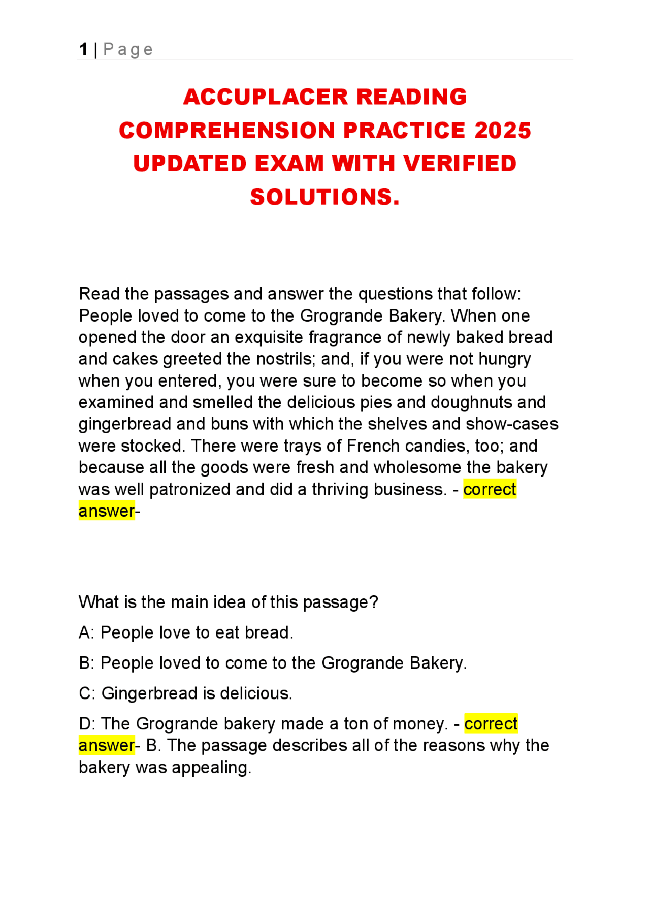 ACCUPLACER READING COMPREHENSION PRACTICE 2025 UPDATED EXAM WITH ...