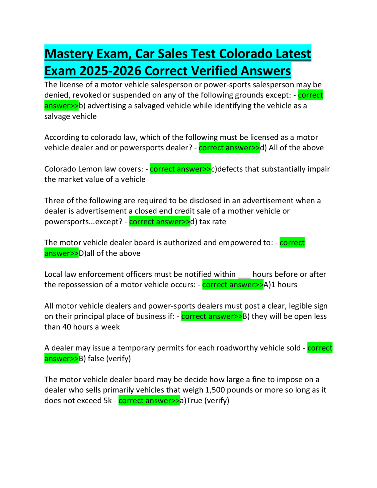 Colorado Motor Vehicle Sales Exam 2025-2026: Key Regulations and ...