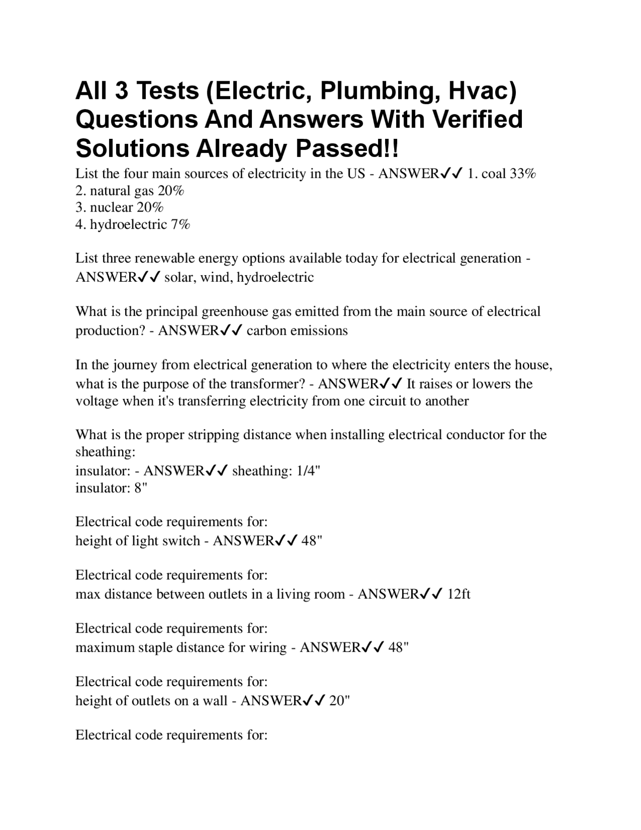 All 3 Tests (Electric, Plumbing, Hvac) Questions And Answers With ...
