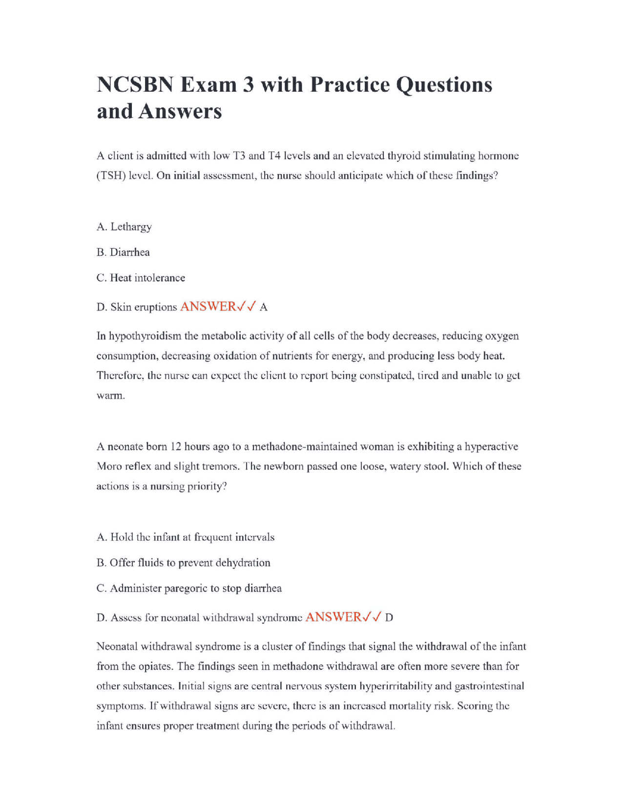 NCSBN Exam 3 with Practice Questions and Answers | Exams Nursing | Docsity