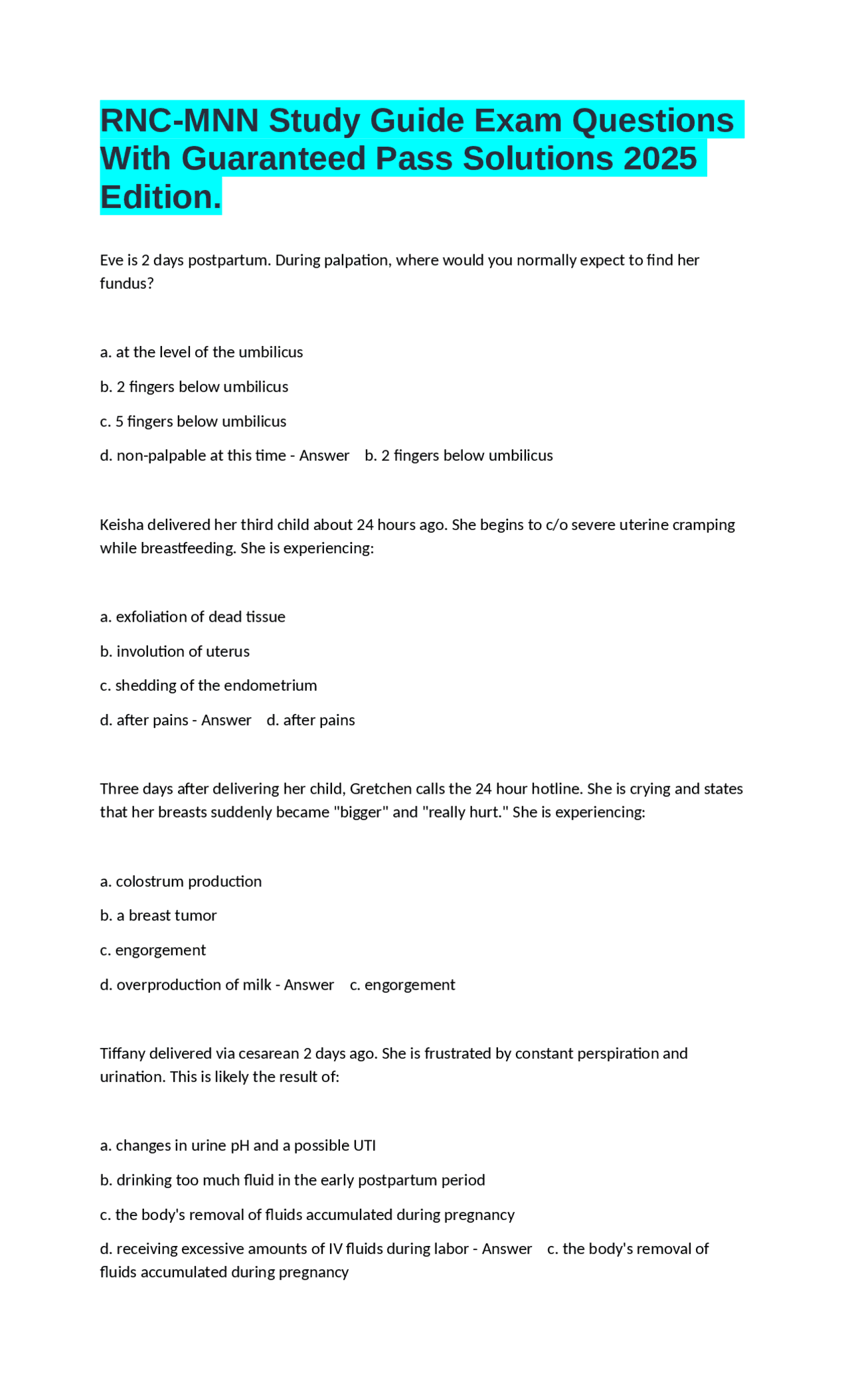 RNC-MNN Study Guide Exam Questions With Guaranteed Pass Solutions 2025 ...