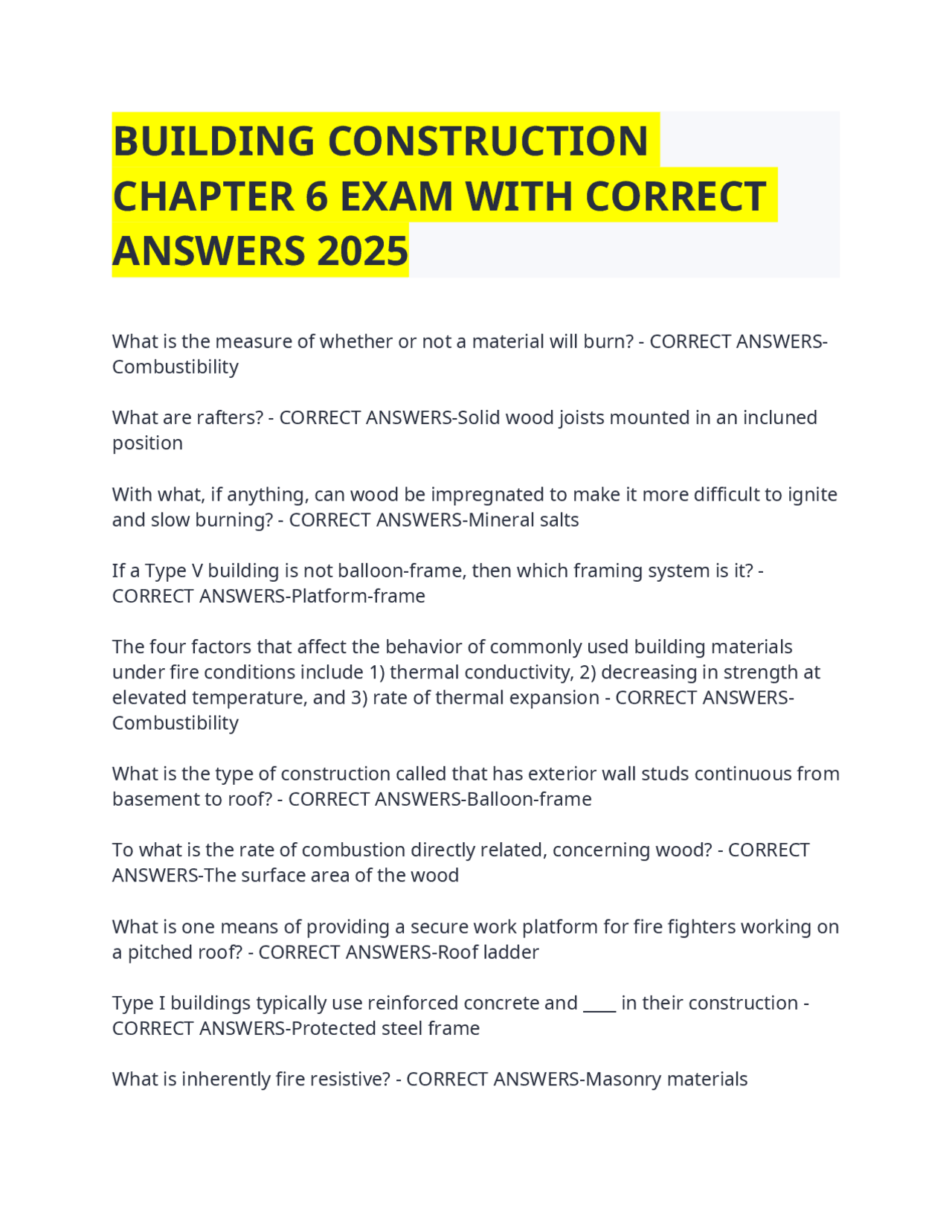 BUILDING CONSTRUCTION CHAPTER 6 EXAM WITH CORRECT ANSWERS 2025 | Exams ...