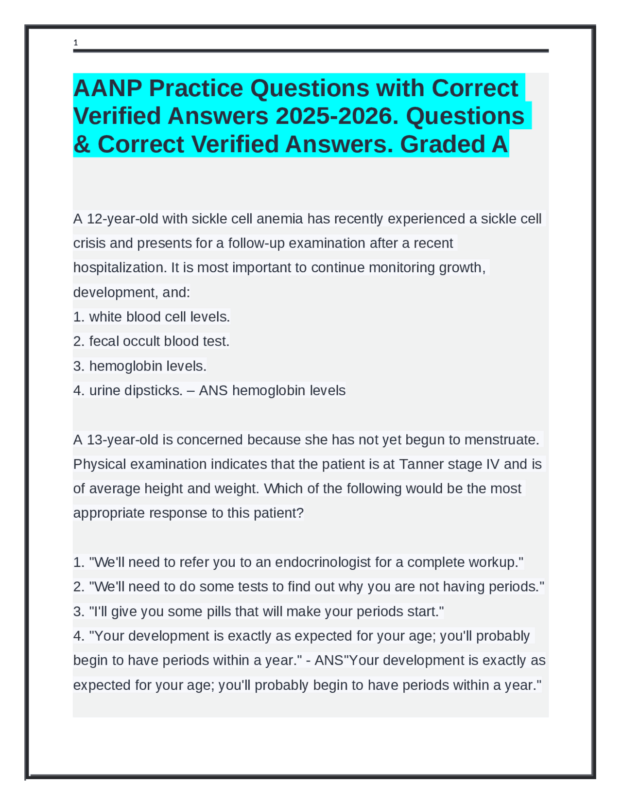 AANP Practice Questions & Correct Verified Answers 2025-2026. Questions ...