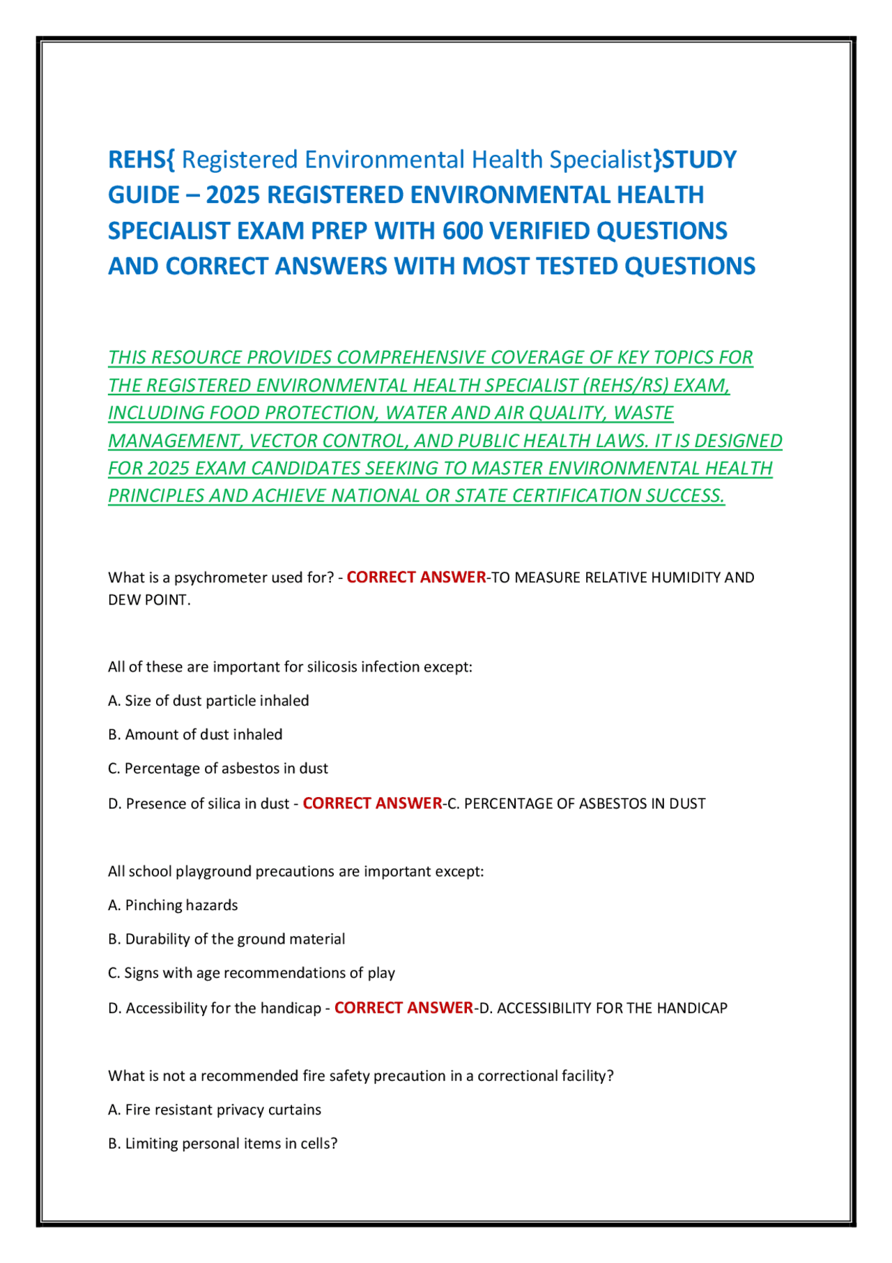 REHS{ Registered Environmental Health Specialist}STUDY GUIDE – 2025 ...