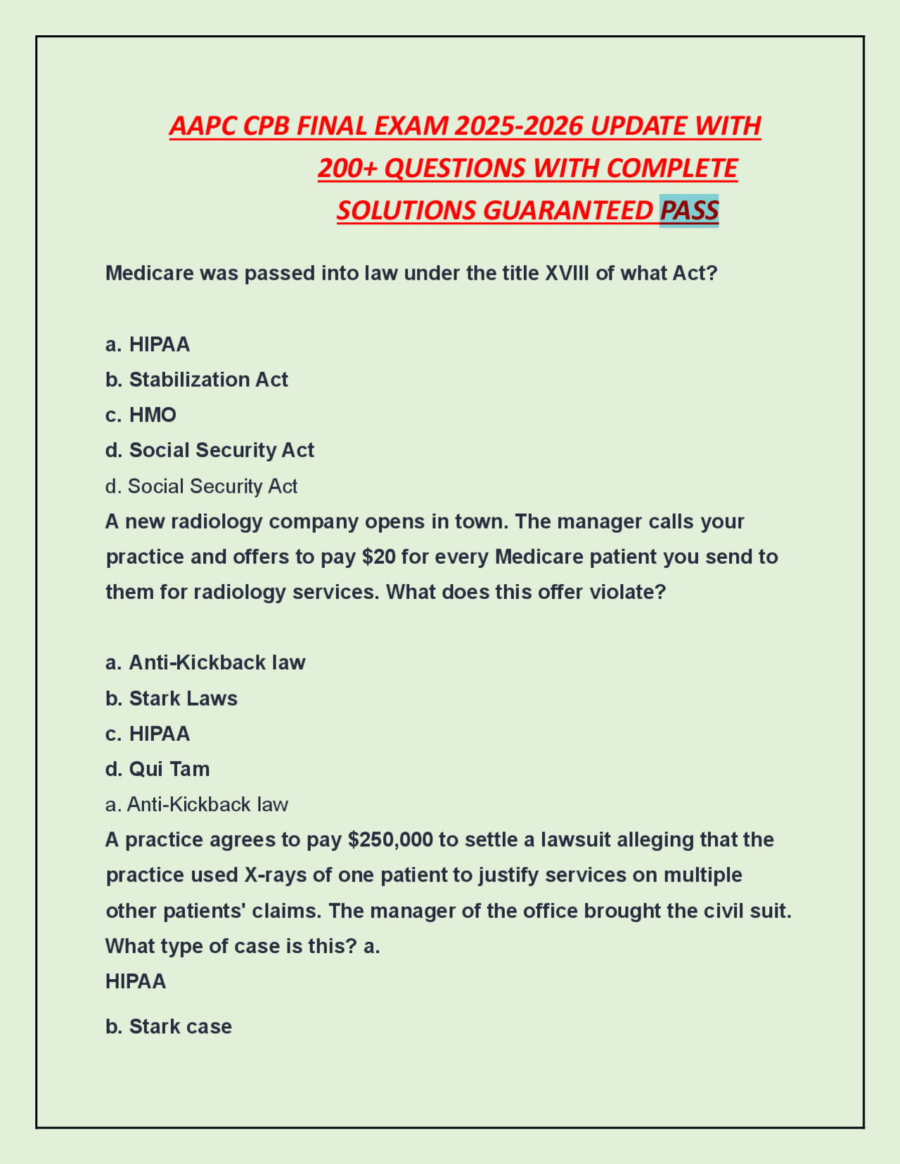AAPC CPB FINAL EXAM 2025-2026 UPDATE WITH 200+ QUESTIONS WITH COMPLETE ...