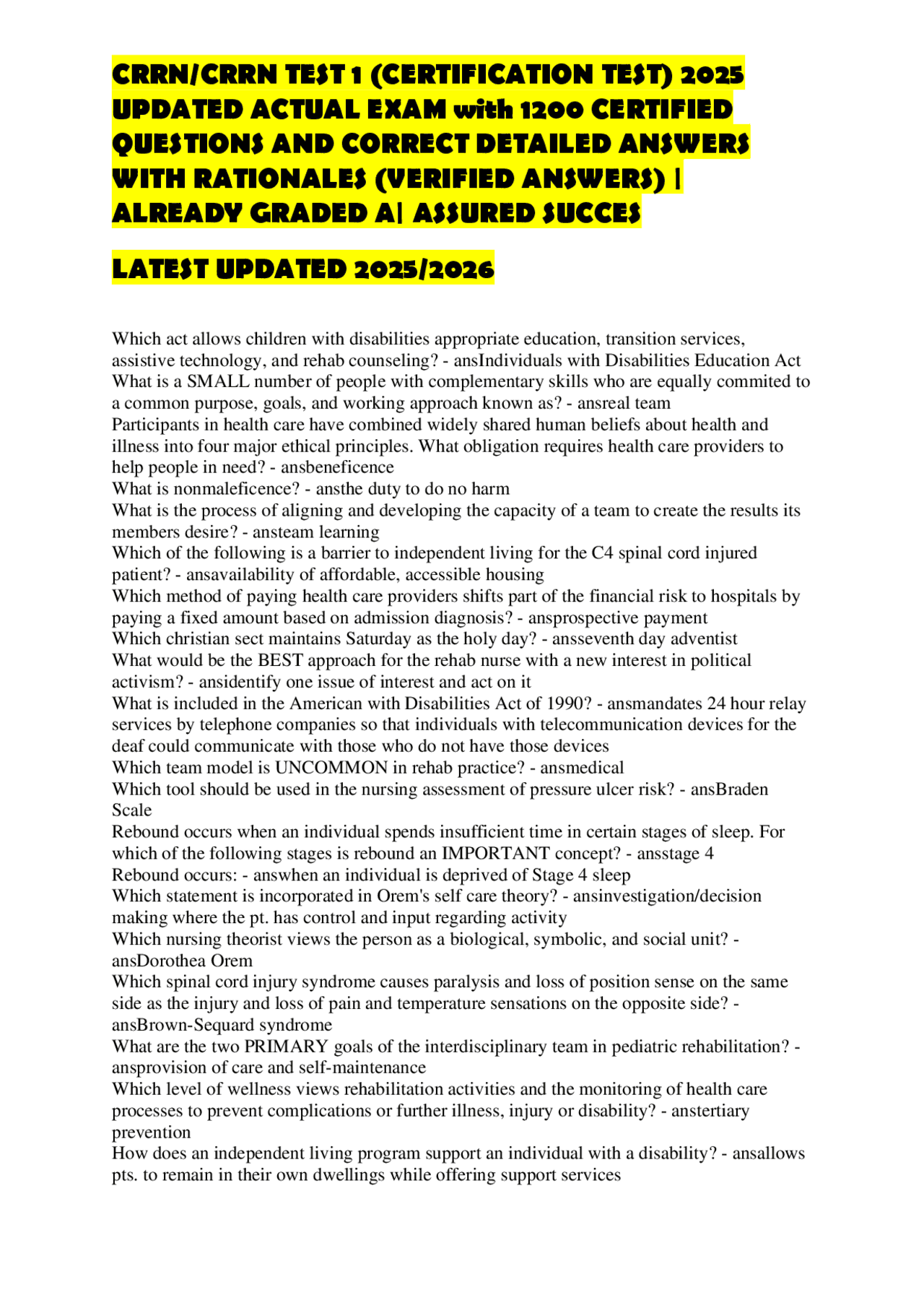 CRRN/CRRN TEST 1 (CERTIFICATION TEST) 2025 UPDATED ACTUAL EXAM with ...