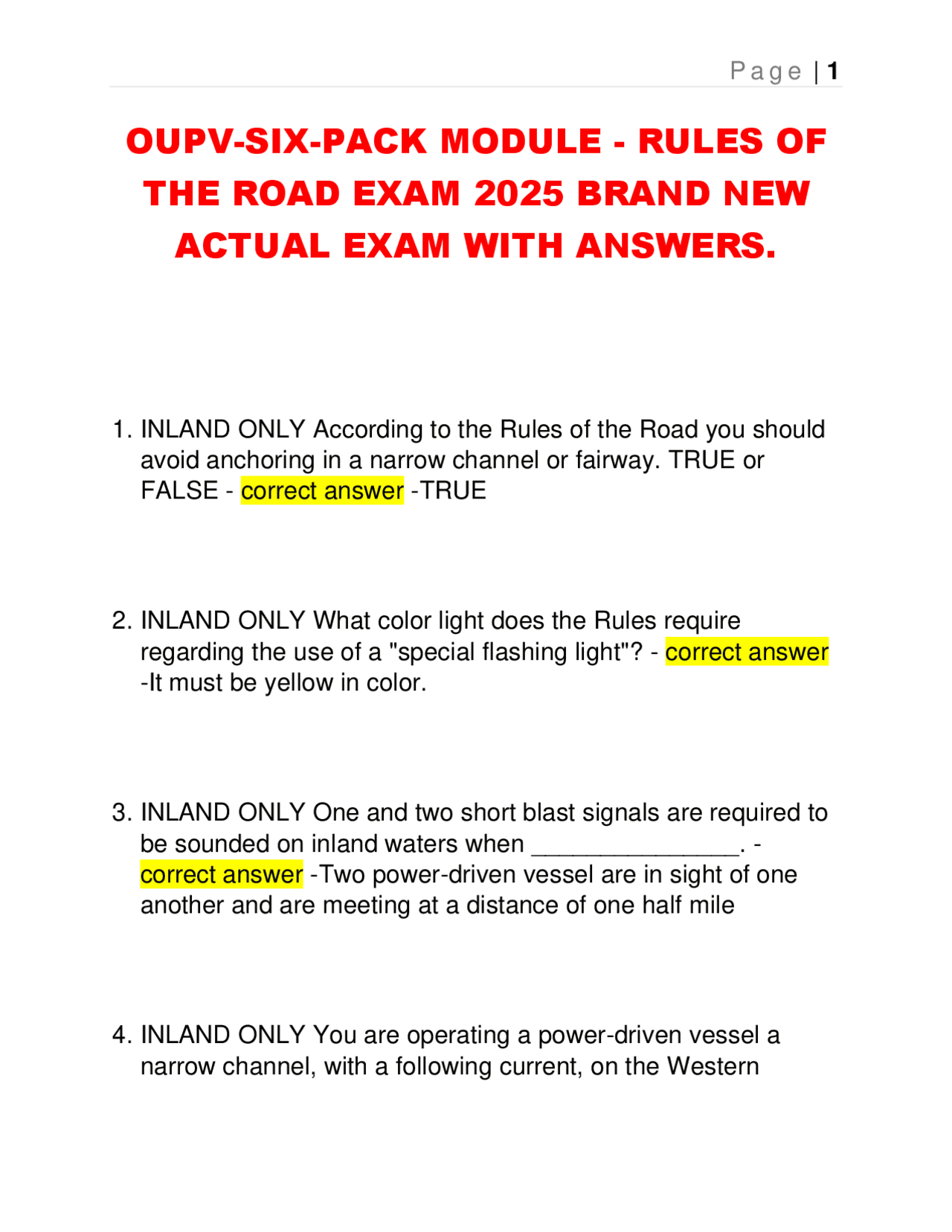 OUPV-SIX-PACK MODULE - RULES OF THE ROAD EXAM 2025 BRAND NEW ACTUAL ...