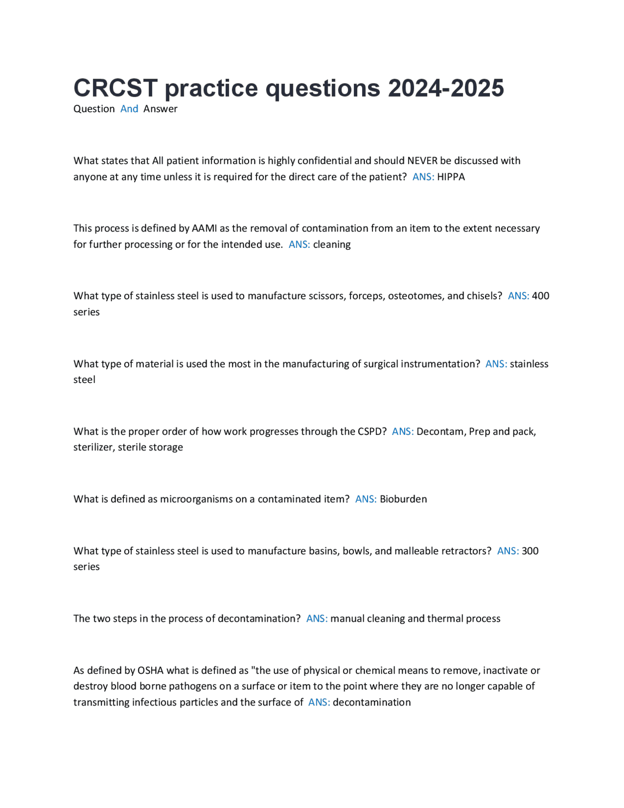 CRCST practice questions 2024-2025 | Exams General Surgery | Docsity